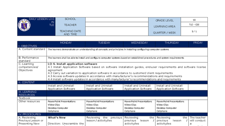 DLL IN TLE CSS 10 Q3 WEEK 1 - DAILY LESSON LOG IN TLE SCHOOL TEACHER ...