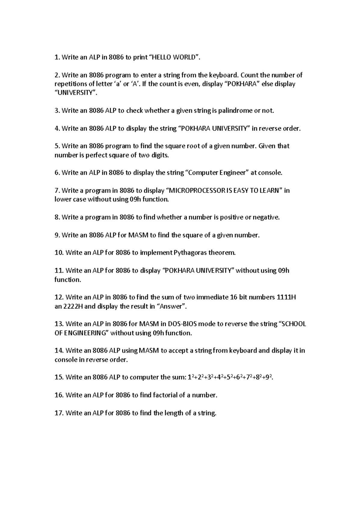 8086 ALP Assignment: String Manipulation & Math Programs - Studocu