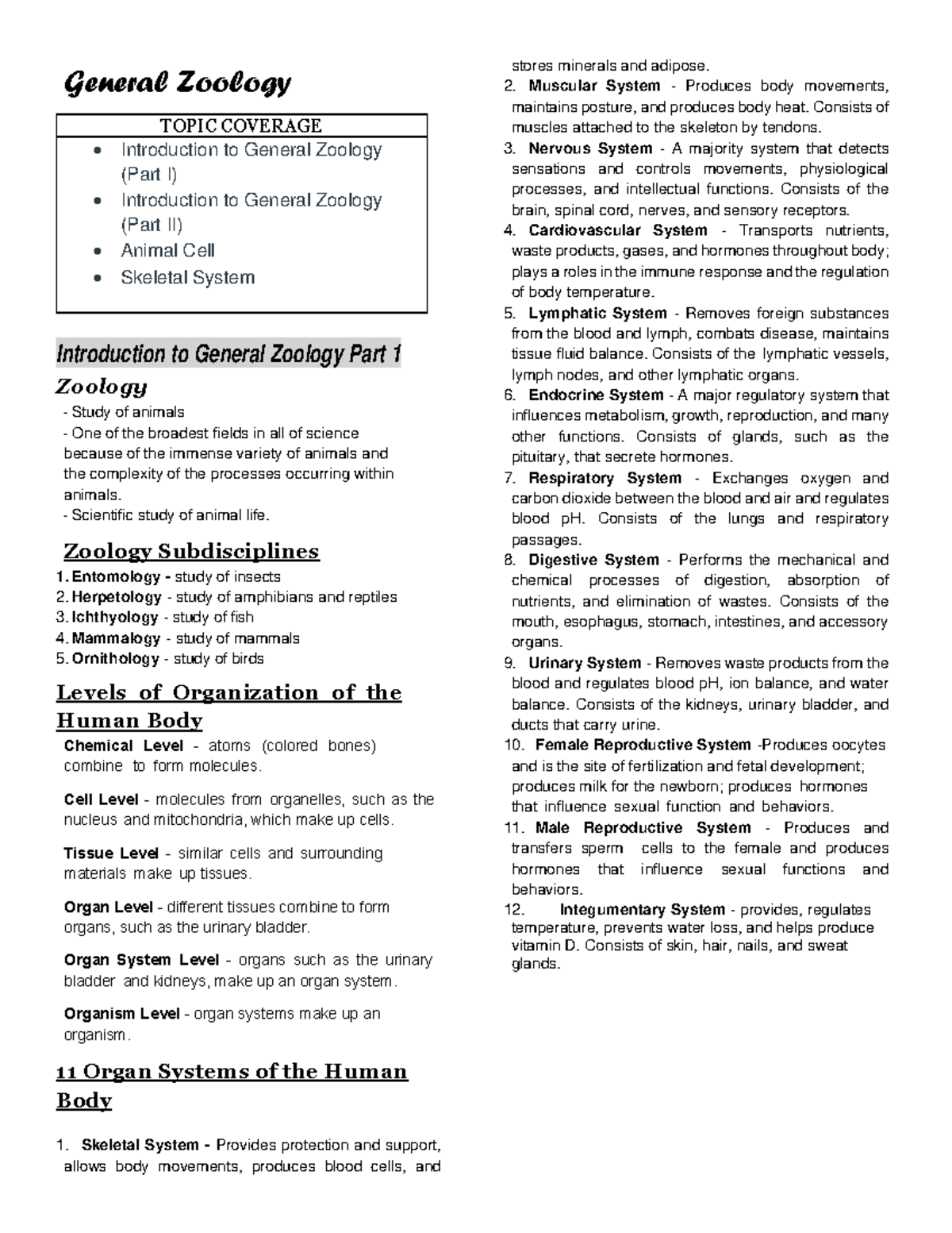 General-Zoology-Reviewer - General Zoology TOPIC COVERAGE ...