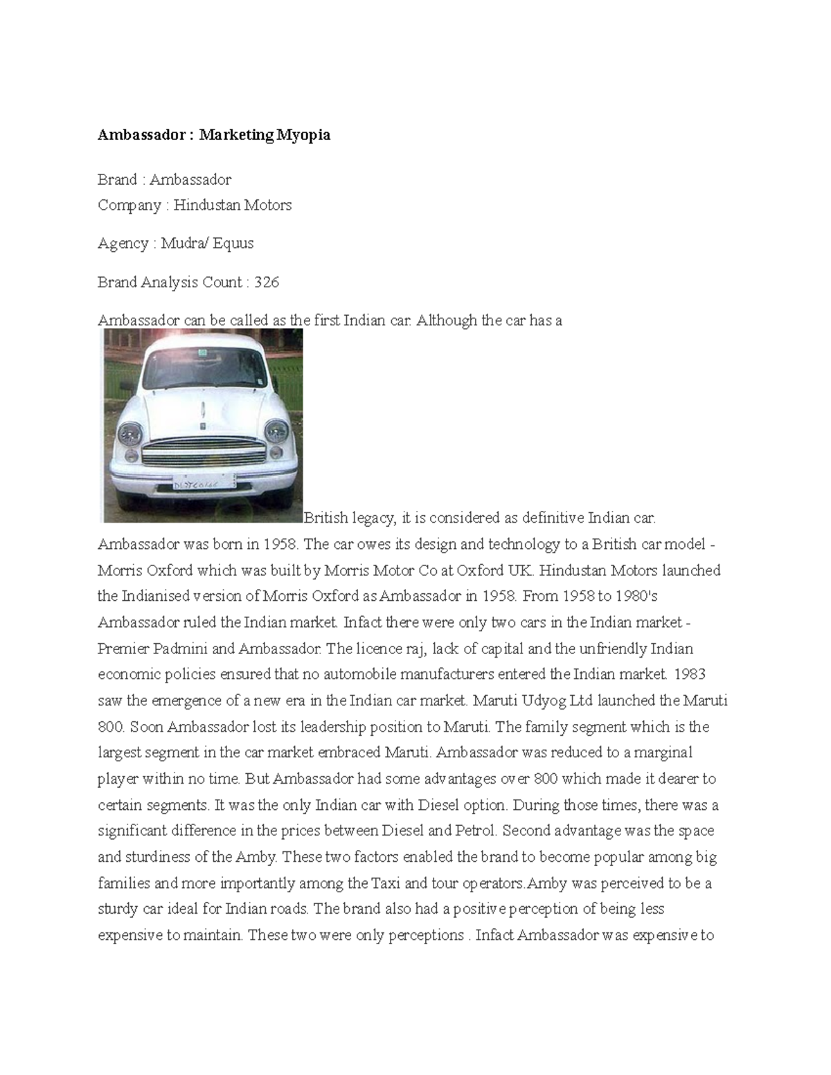 "Marketing Myopia of Ambassador Car - Essay Analysis" - Studocu