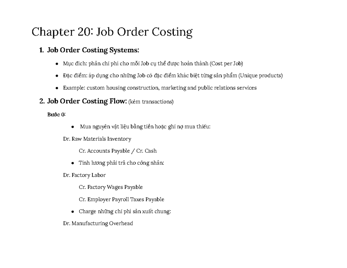 Chapter 20: Job Order Costing Overview and Journal Entries - Studocu