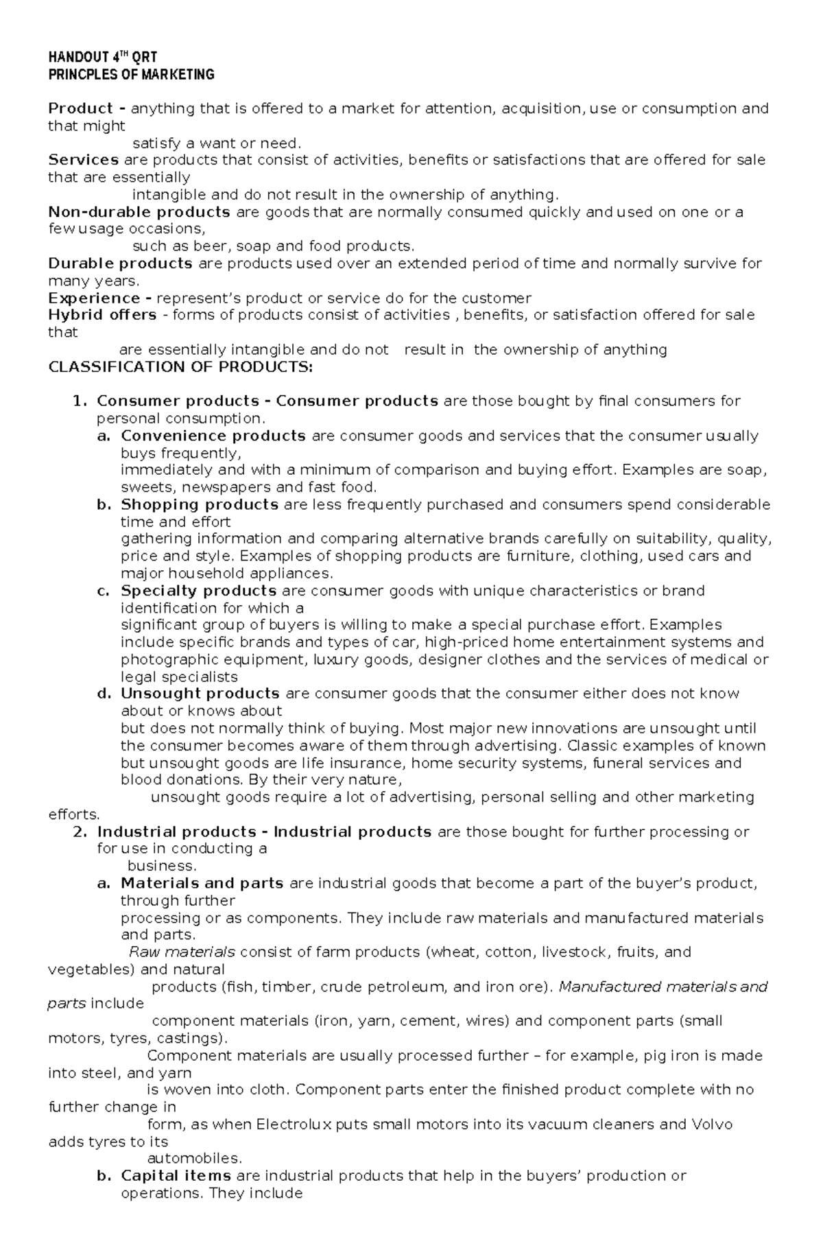 Principles of Marketing 4TH QTR Handout - Concepts and Classifications ...