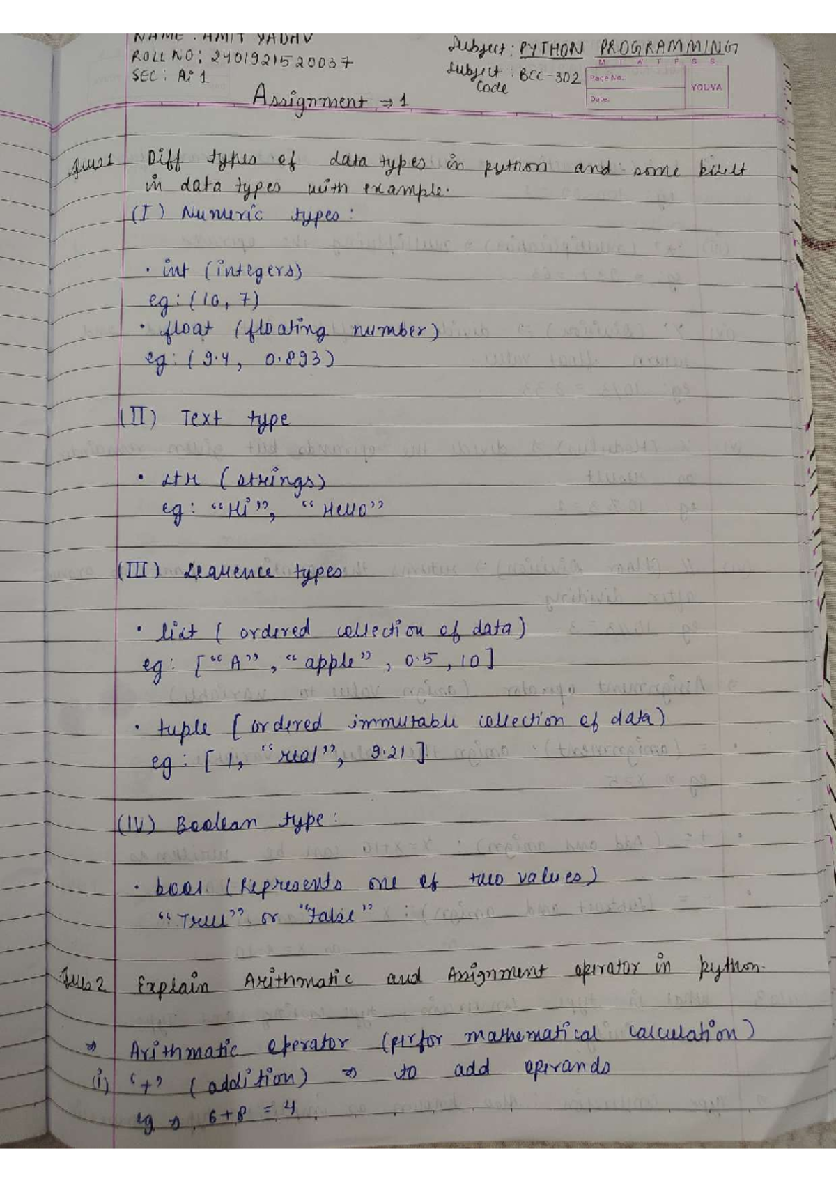 BCC 302 Python Programming Assignment: Data Types & Operators - Studocu