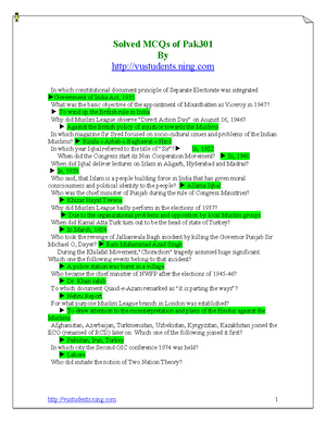 PAK301 Final TERM Solved MCQs BY Rabia - PAK30 2 ( Pa k i st a n St u d ...