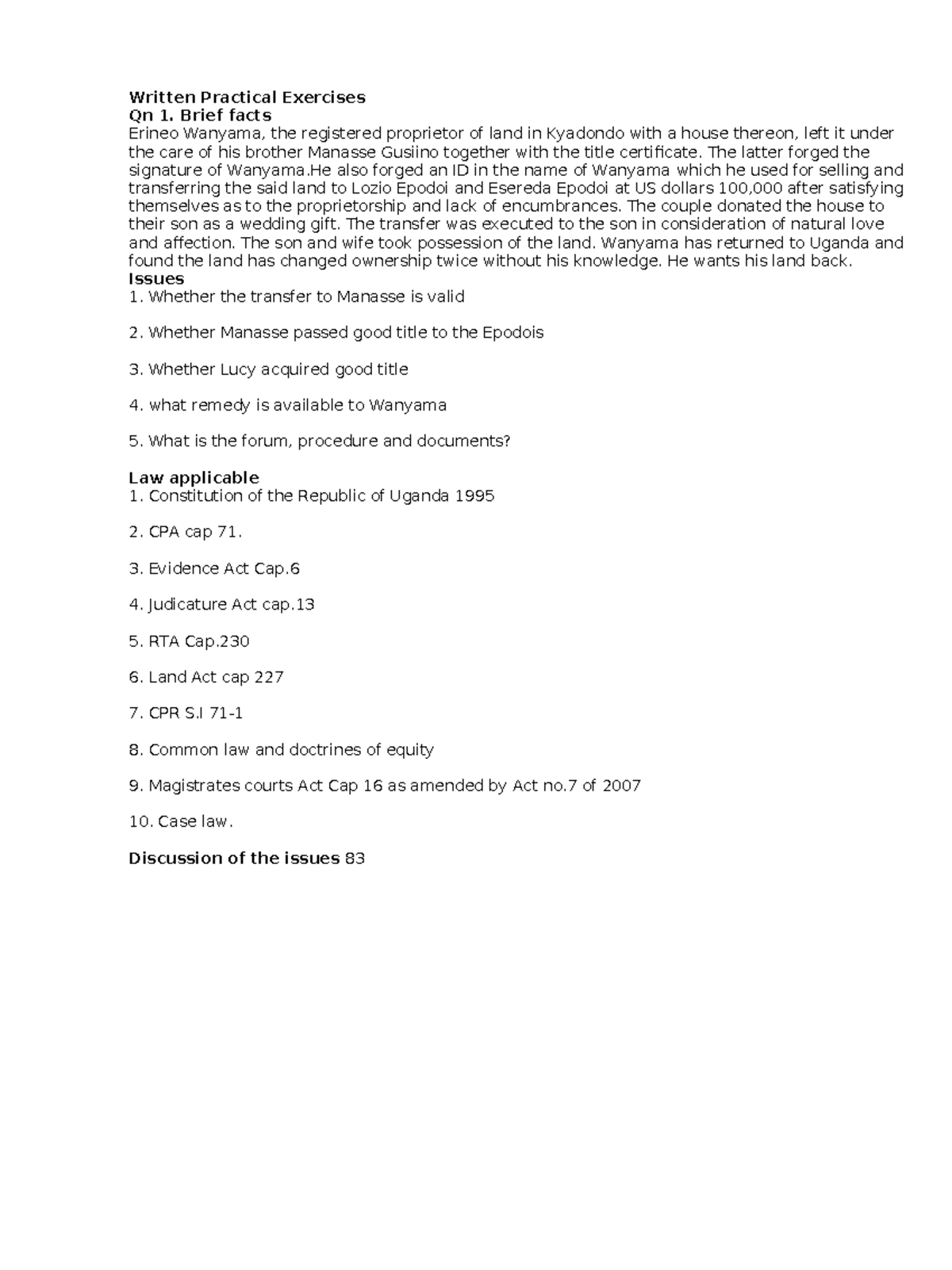LAND Law Case Study: Erineo Wanyama v. Manasse Gusiino (CIVIL CASE NO ...