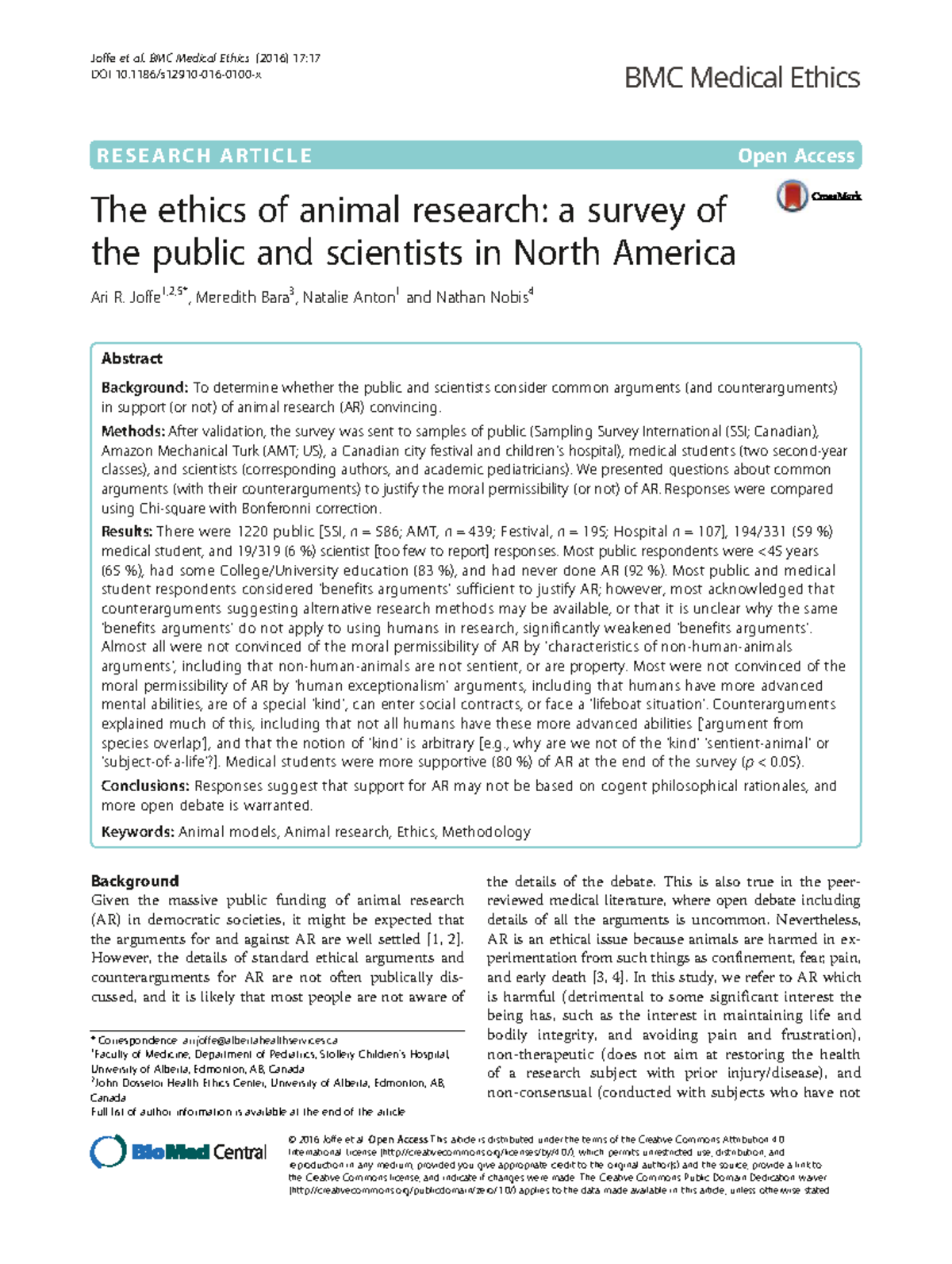 Ethics of Animal Research: Public and Scientist Perspectives (BMC Med ...