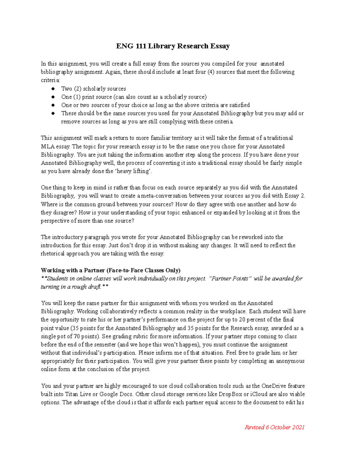ENG 111 Library Research Essay Guidelines and Partner Instructions - Studocu