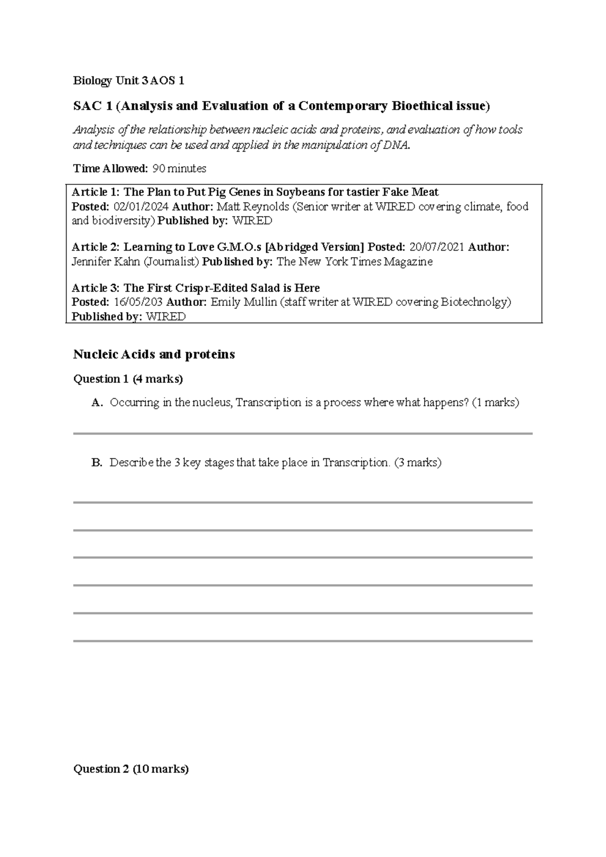 Biology Unit 3 AOS 1 SAC 1: Bioethical Issues in Genetic Engineering ...