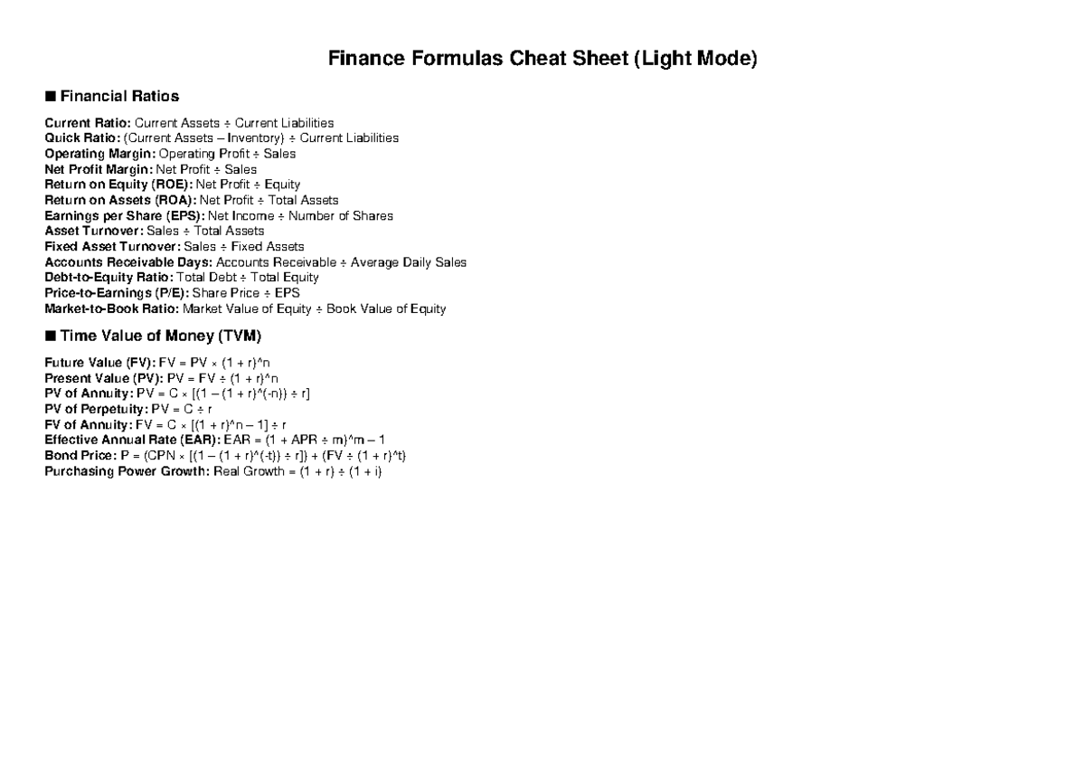 Finance Formulas Cheat Sheet (FIN 101) - Light Mode - Studocu