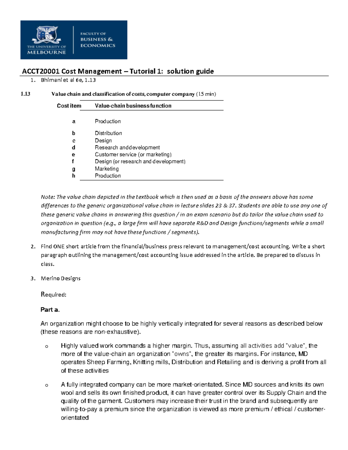 Tutorial 1 Solutions S1, 2021 - ACCT20001 Cost Management – Tutorial 1 ...