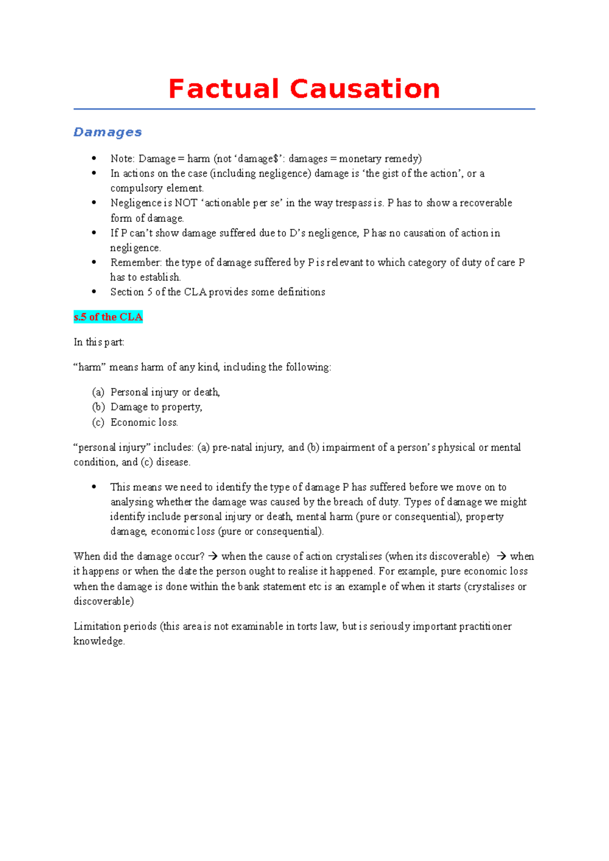 Factual causation - use these notes to pass your law exam if needed ...
