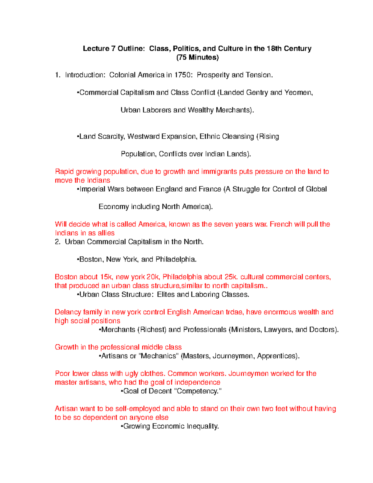 Lecture 7 - class notes - Lecture 7 Outline: Class, Politics, and ...