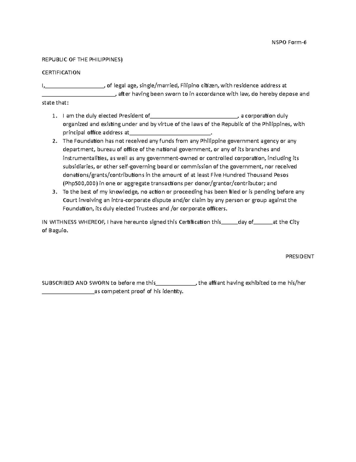 NSPO Form 6 Certification and Fund Schedule for Anx 68C - Studocu