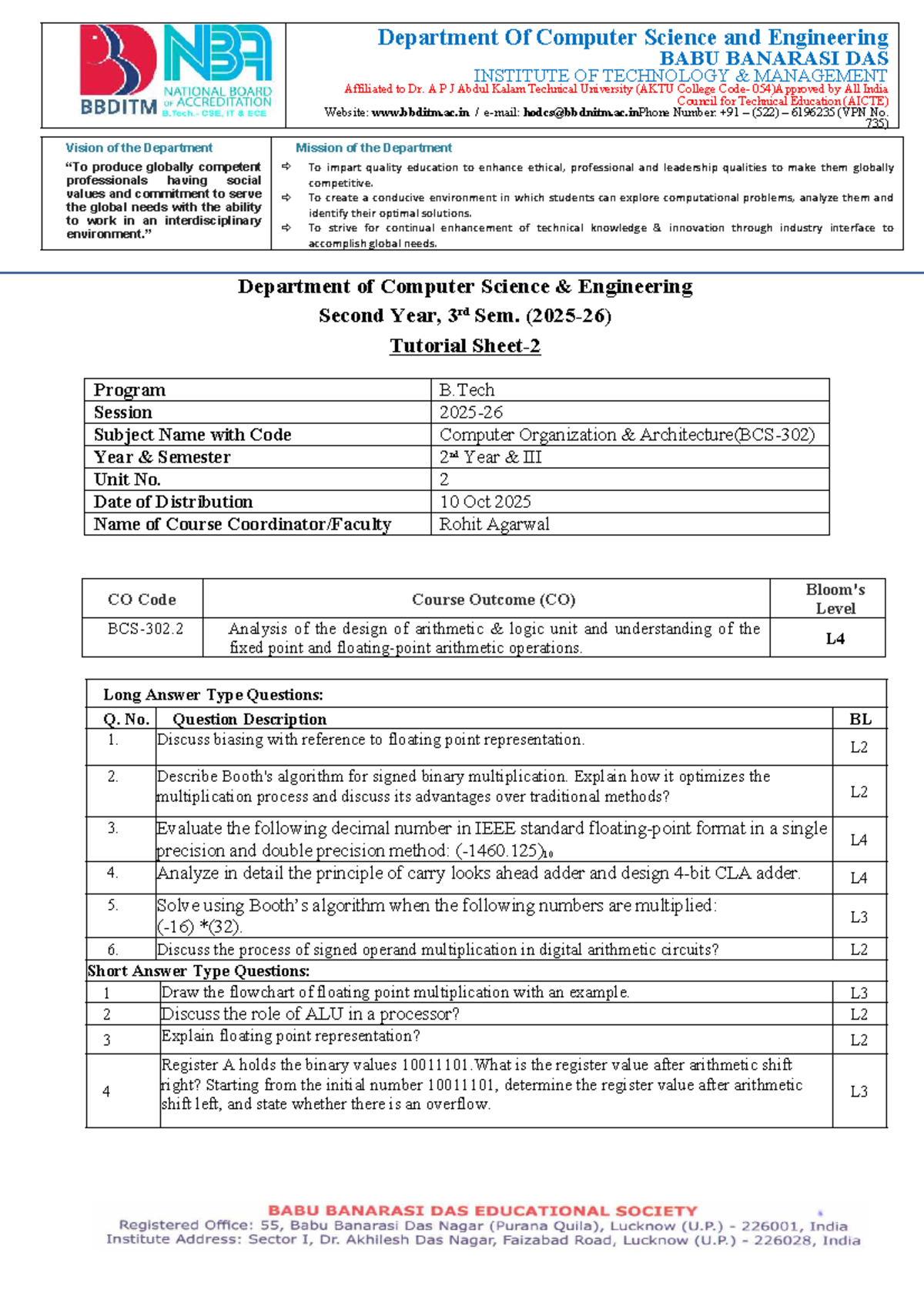 COA TUT 2 - B.Tech Computer Organization 2nd Year Tutorial Questions - Studocu