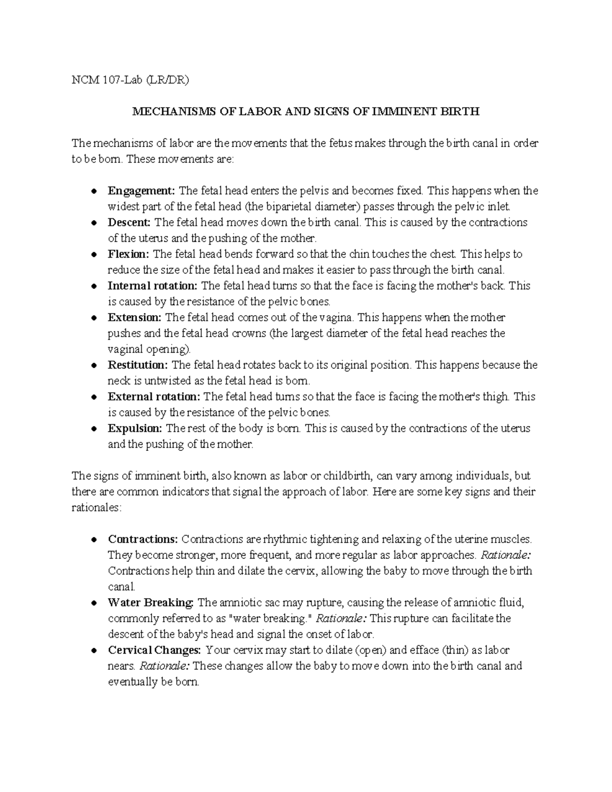 Mechanisms of Labor & Signs of Imminent Birth - NCM 107 Lab - Studocu