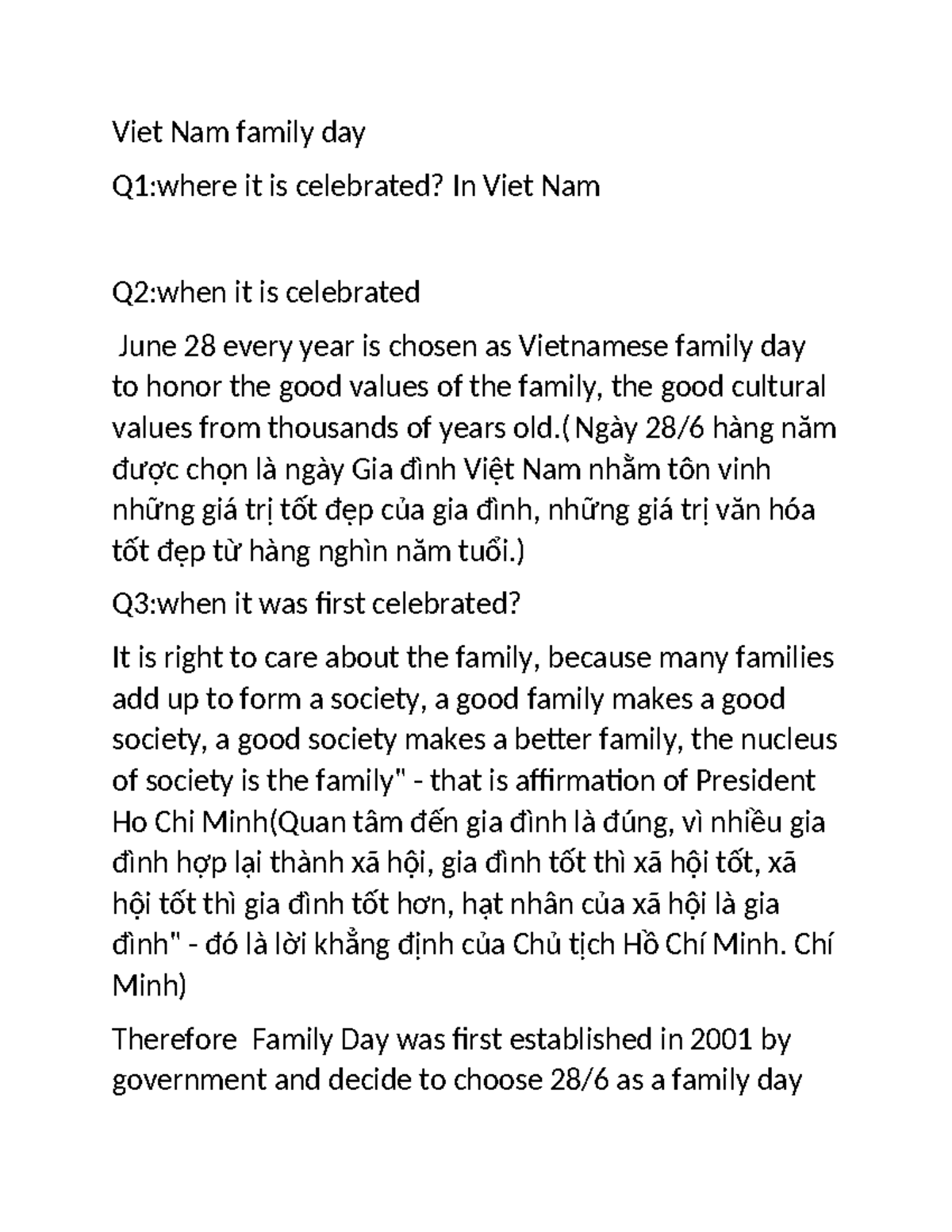Viet Nam family day - ngu van - Viet Nam family day Q1:where it is ...