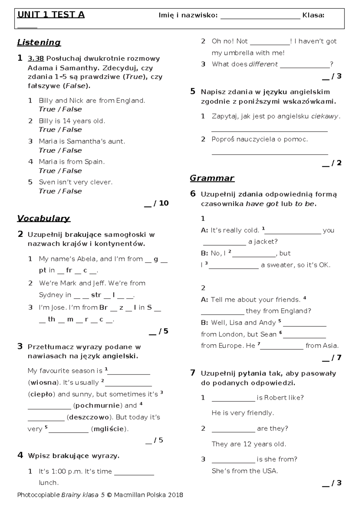 Brainy kl5 Unit 1 Test A: Listening, Grammar, Vocabulary, Reading ...