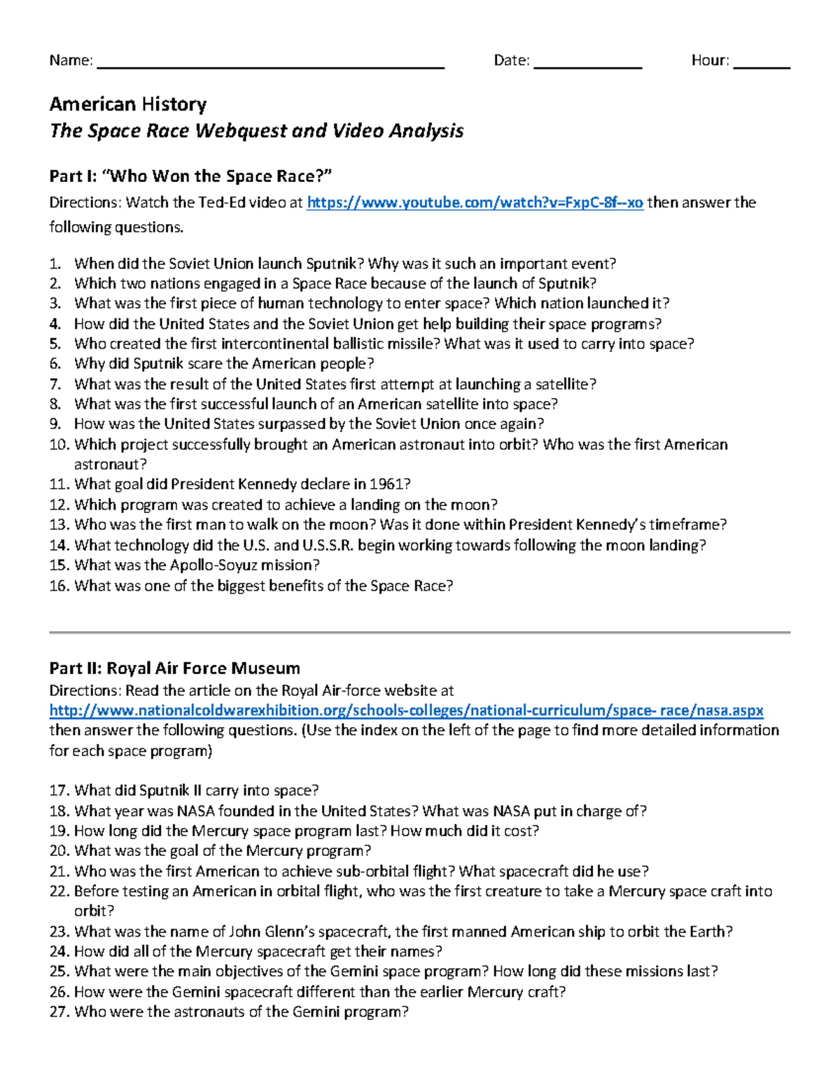 AH 101: Space Race Webquest and Video Analysis Guide - Studocu