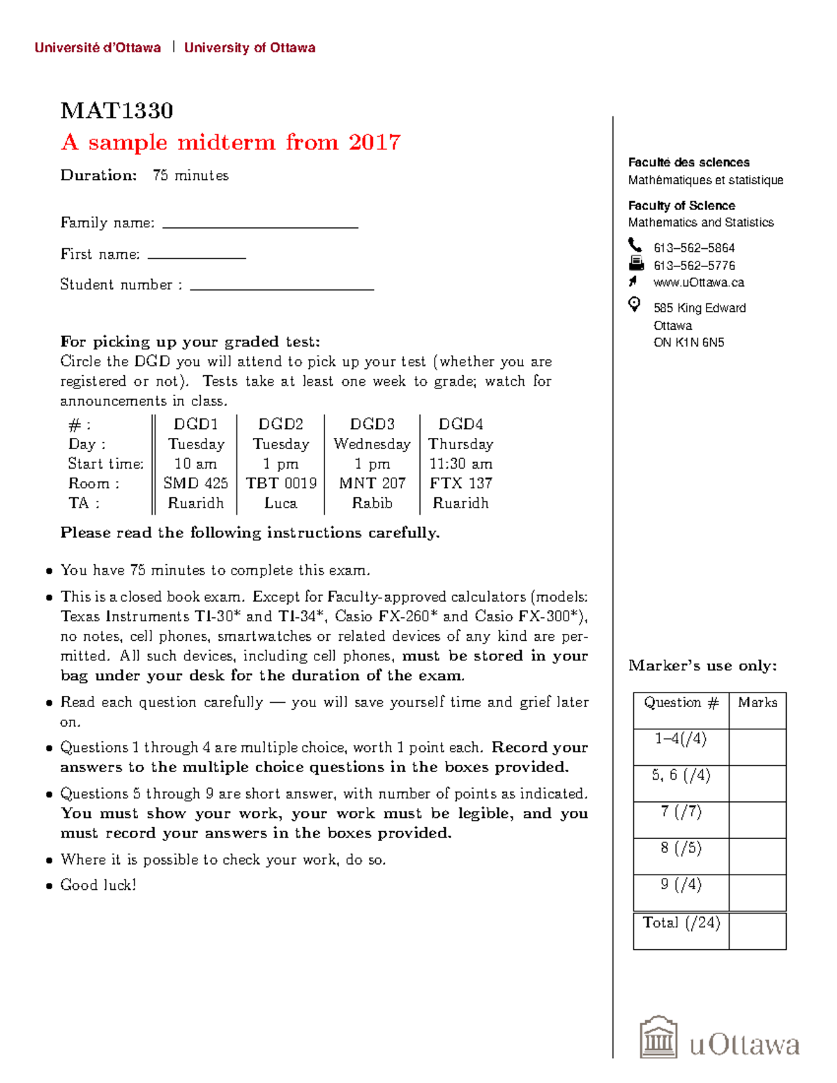 University of Ottawa MAT1330 2017 Midterm Exam Sample Document - Studocu