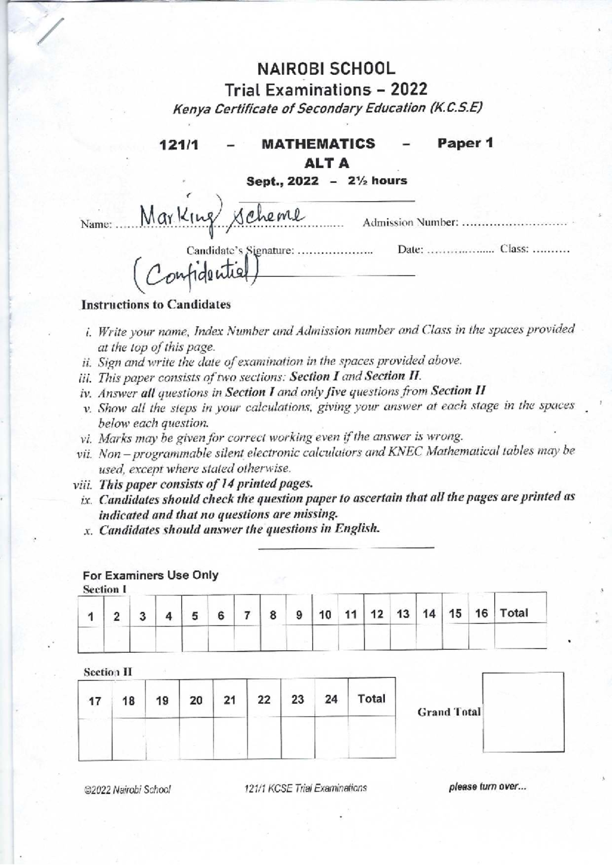 Nairobi School KCSE Trial Examinations 2022 Mathematics Paper 1 Marking ...