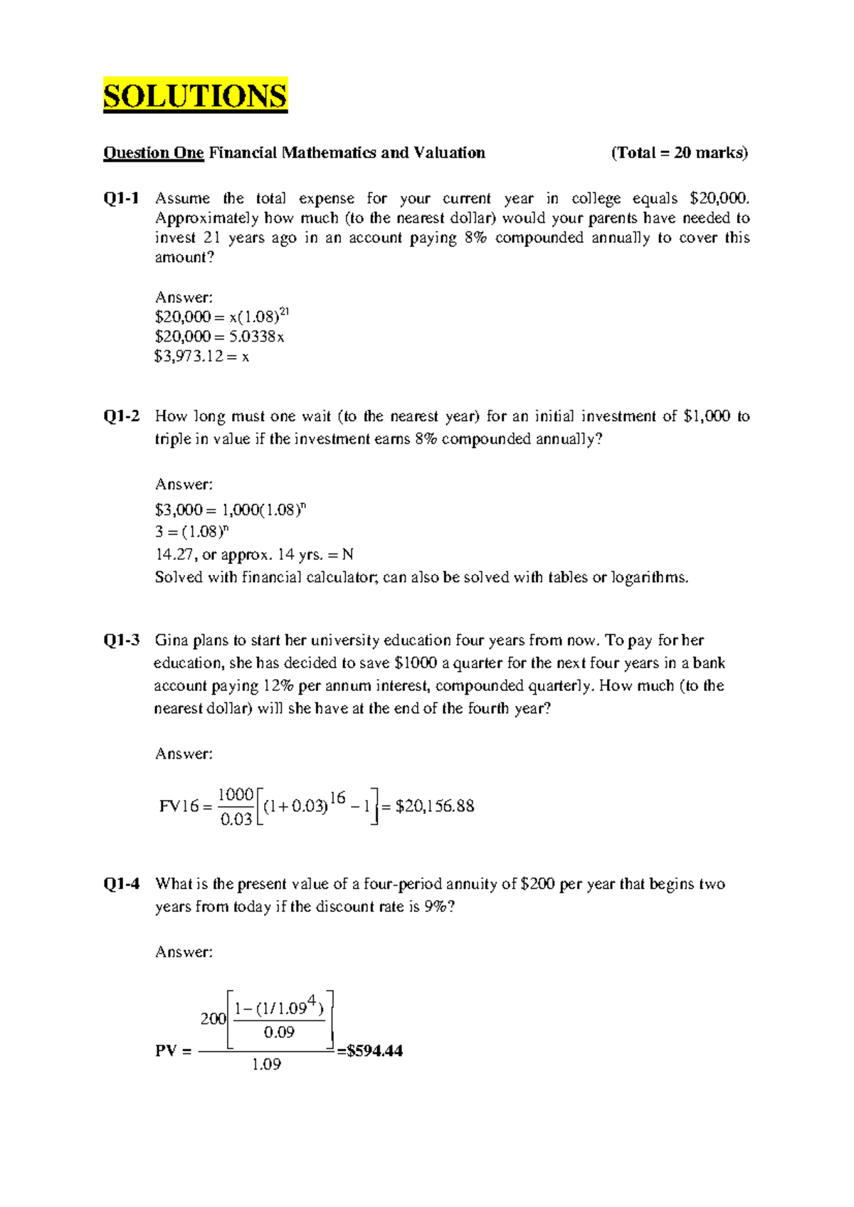 BFF5954 Financial Mathematics & Valuation Practice Exam Solutions - Studocu
