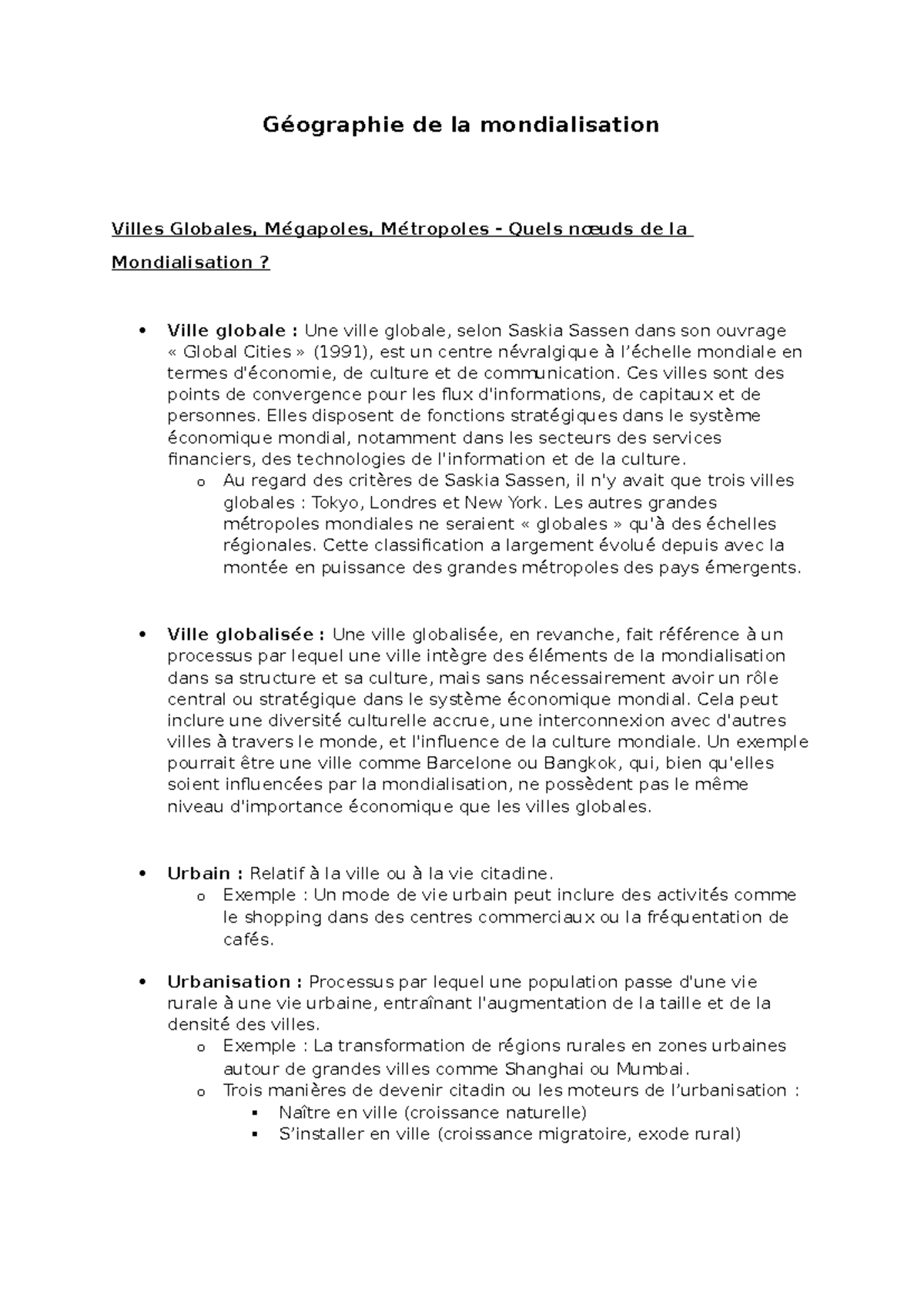 Géographie de la Mondialisation : Villes Globales et Mégapoles - Studocu
