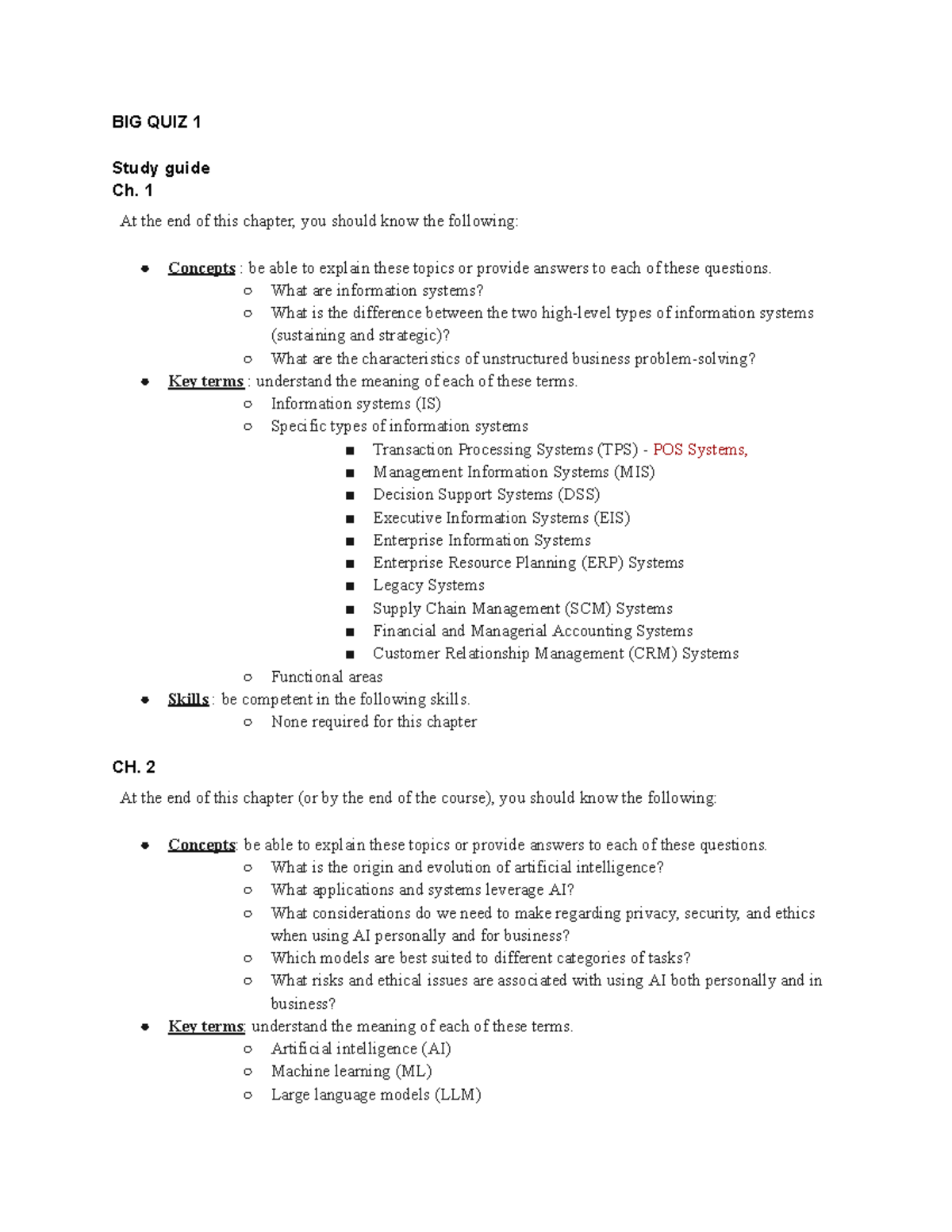 IS 201 BIG QUIZ 1 Study Guide: Key Concepts & Terms from Chapters 1-3 ...
