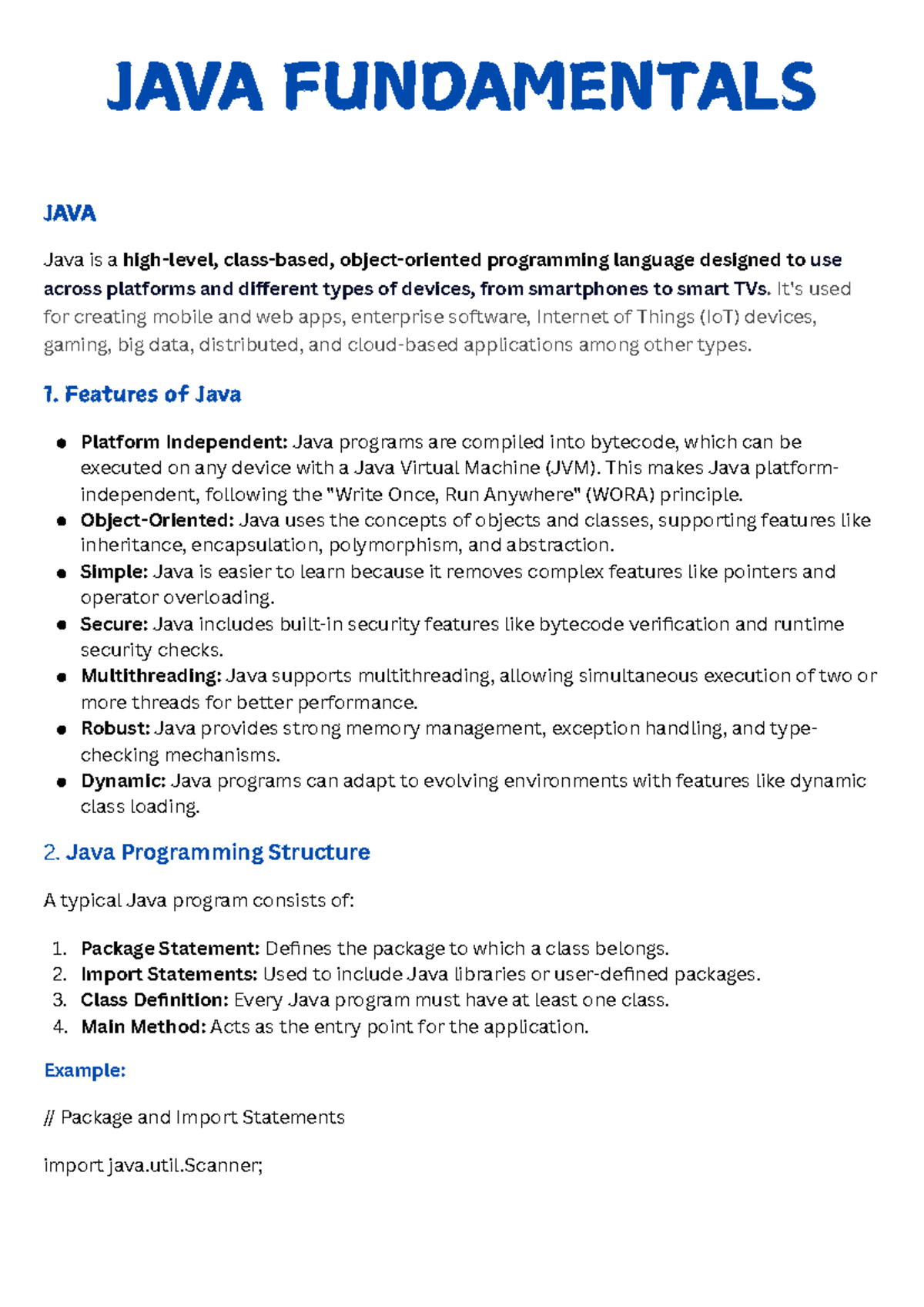 JAVA Fundamentals: Key Concepts and Programming Structure - Studocu