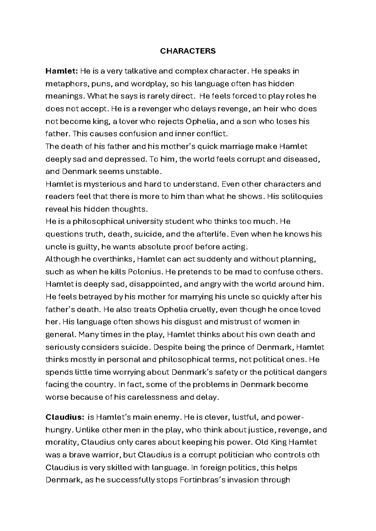 CHARACTERS Analysis of Hamlet: Insights and Interpretations (ENG 101 ...