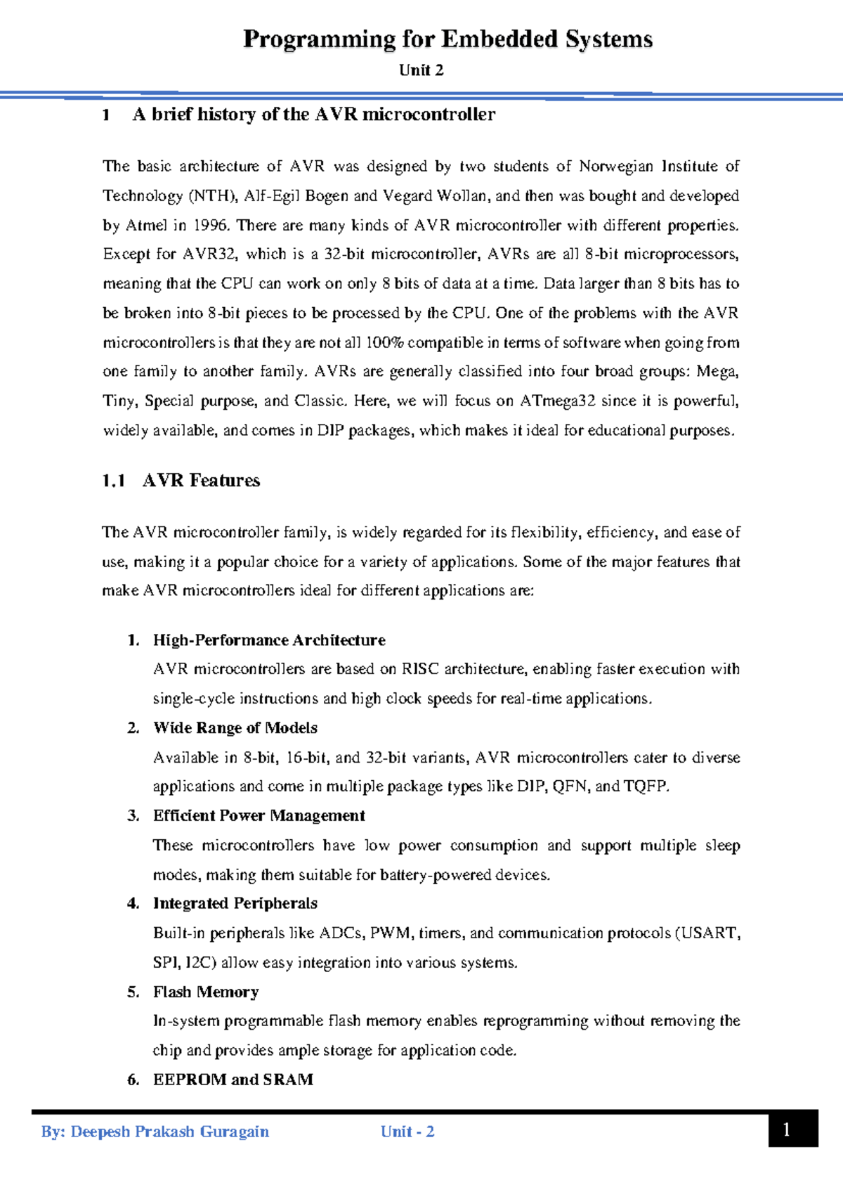 Unit 2: Overview of AVR Microcontrollers and ATmega32 Architecture ...