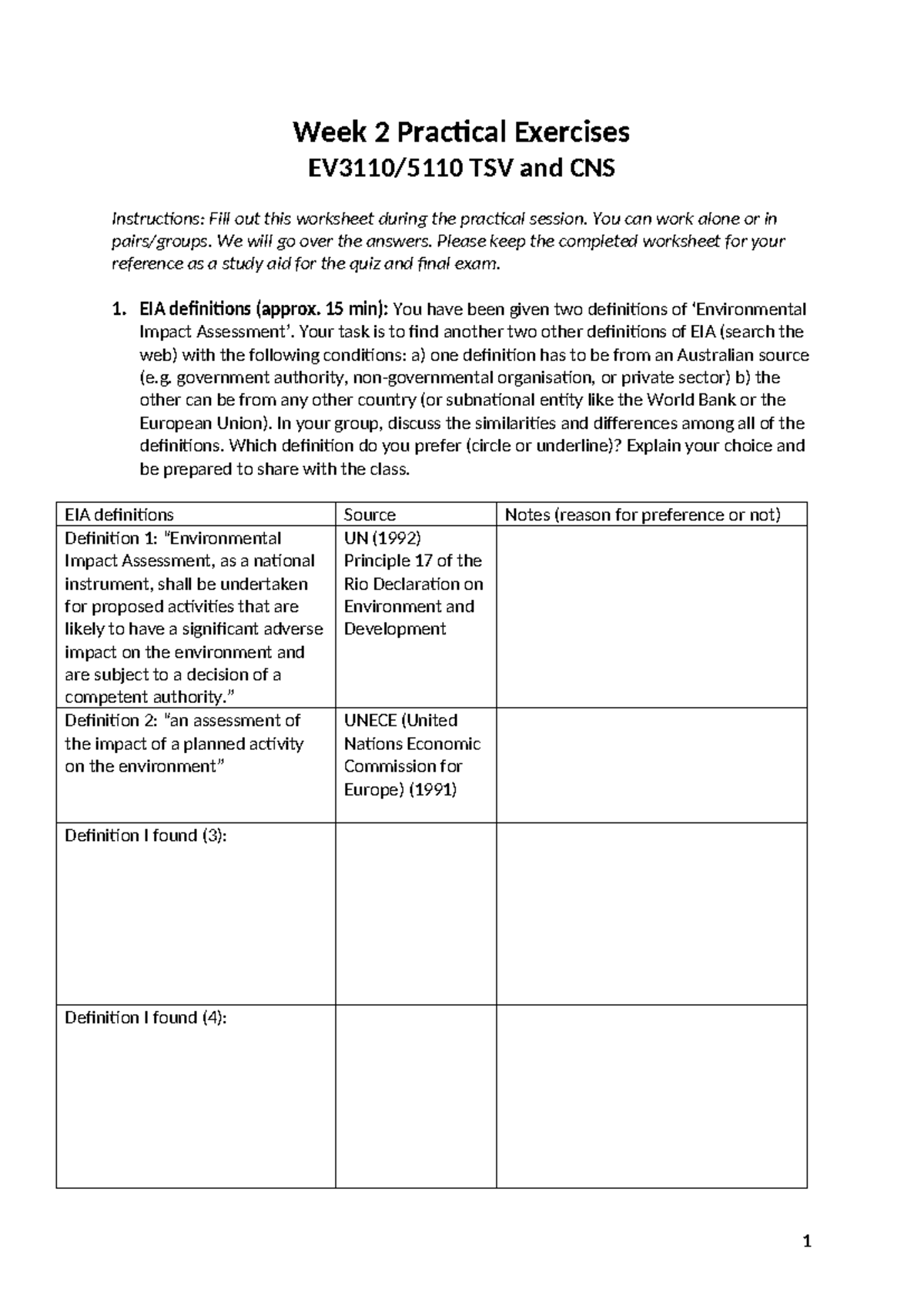 EV3110/5110 Week 2 Practical Exercises and EIA Definitions Guide - Studocu