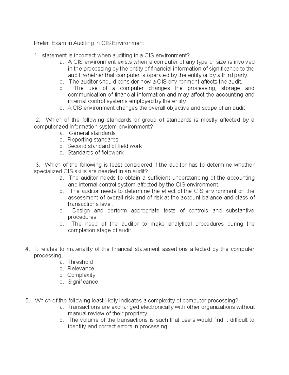 Prelim Exam in Auditing in CIS Environment - Prelim Exam in Auditing in CIS Environment ...