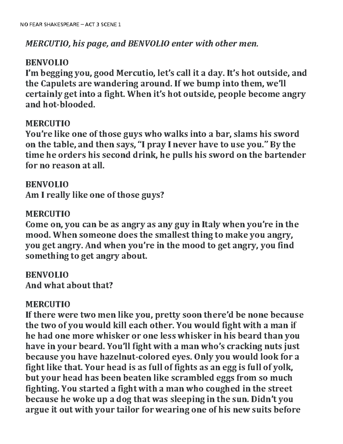 NO FEAR SHAKESPEARE: ACT 3 SCENE 1 - MERCUTIO & BENVOLIO - Studocu