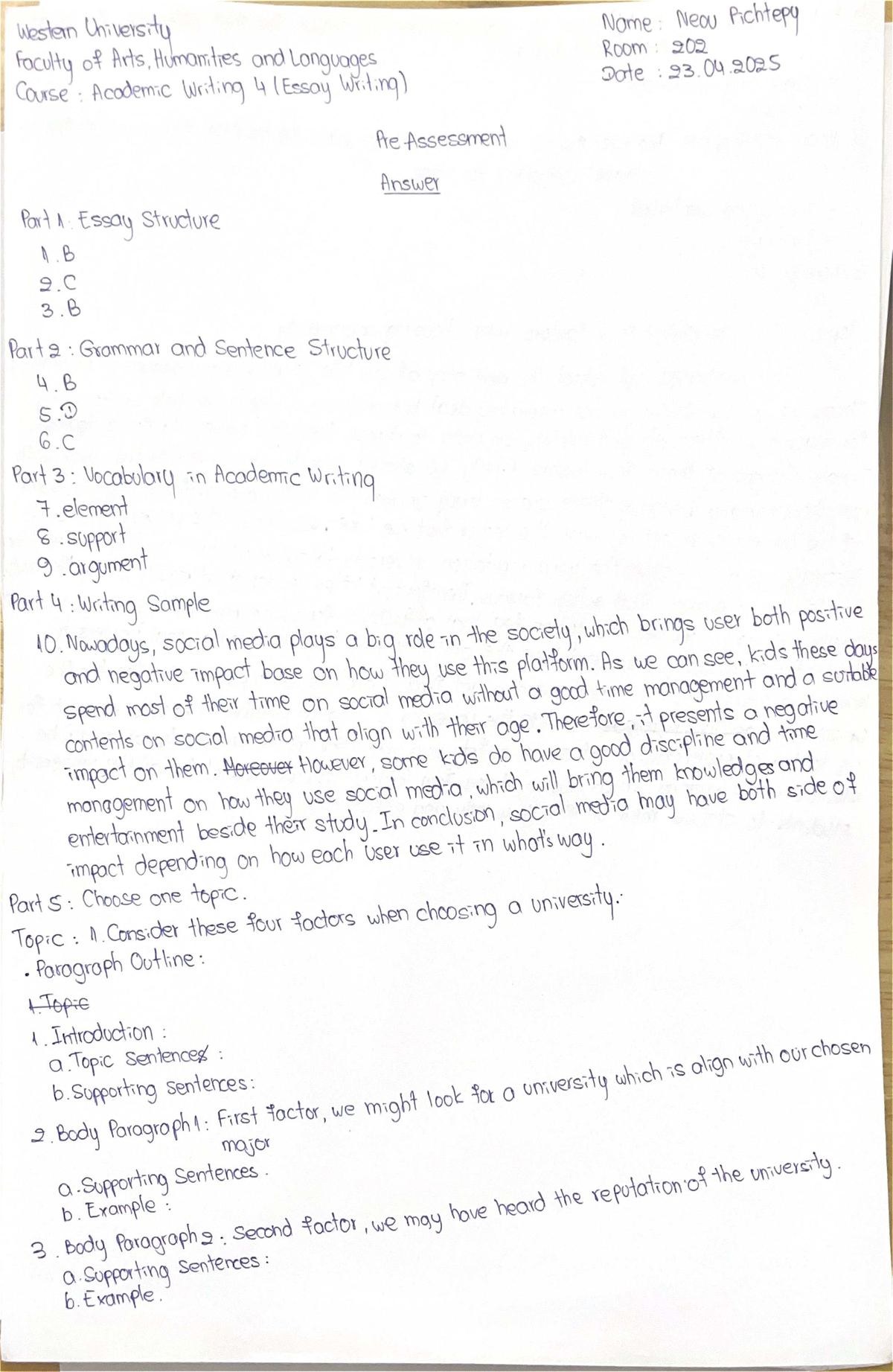 Academic Writing 4 (Essay Writing) Pre-Assessment Overview - Studocu
