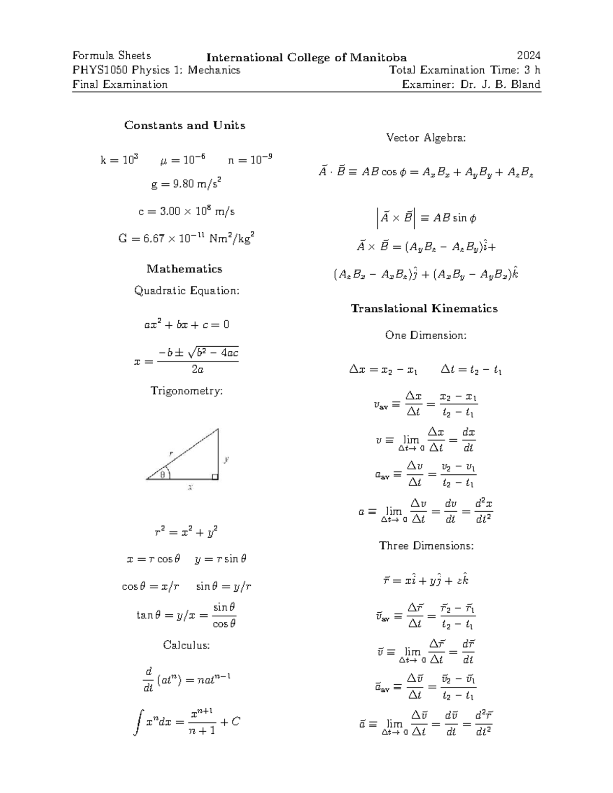 202401 PHYS1050 Final Formula Sheet - PHYS1050 Physics 1: Mechanics ...