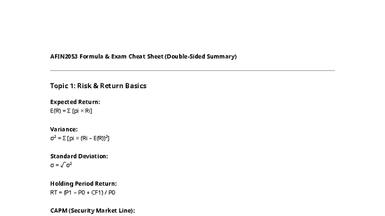 AFIN2053 Formula Exam Cheat Sheet: Key Concepts & Summaries - Studocu