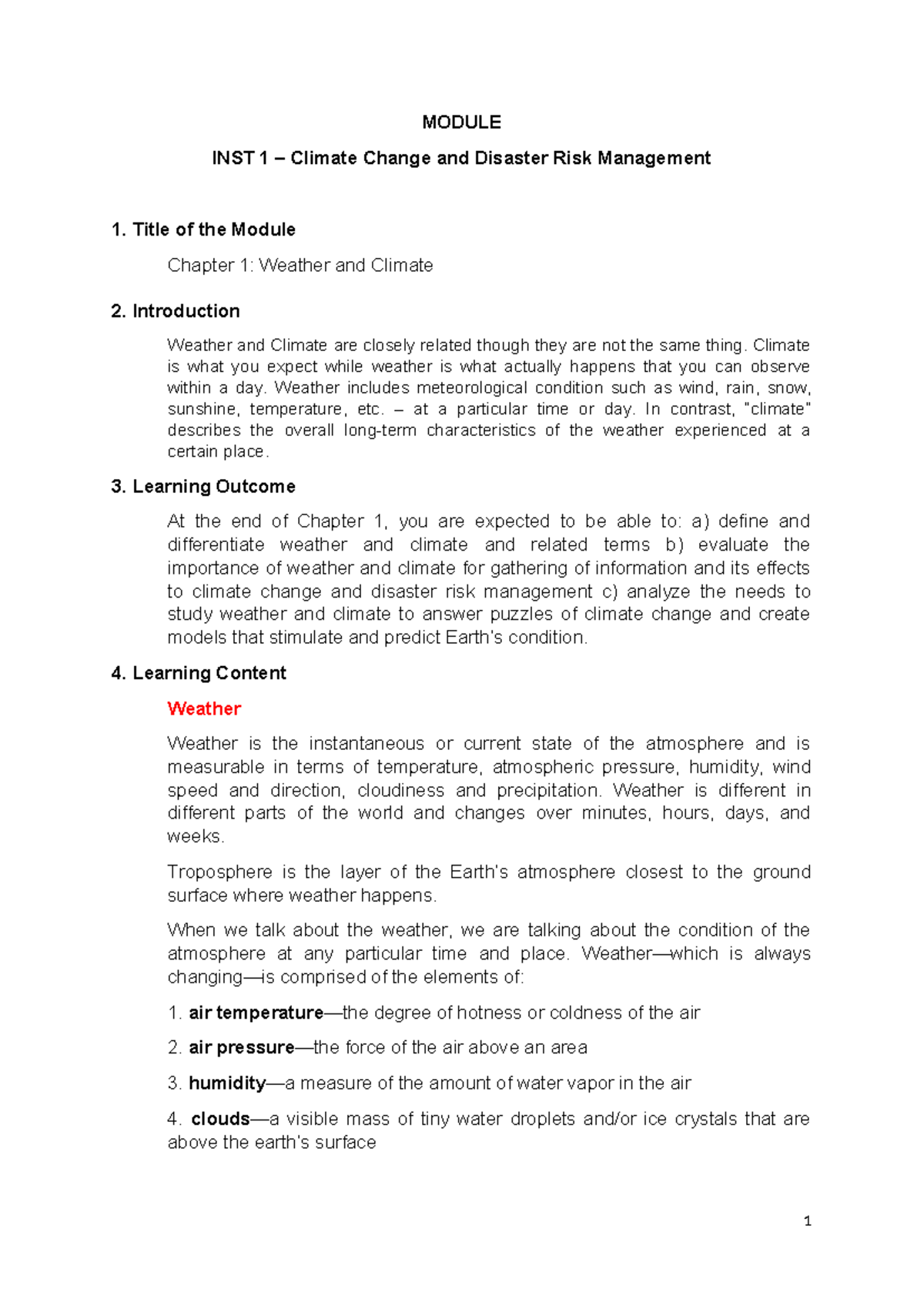 Chapter 1: Understanding Weather and Climate in INST 1 Module - Studocu