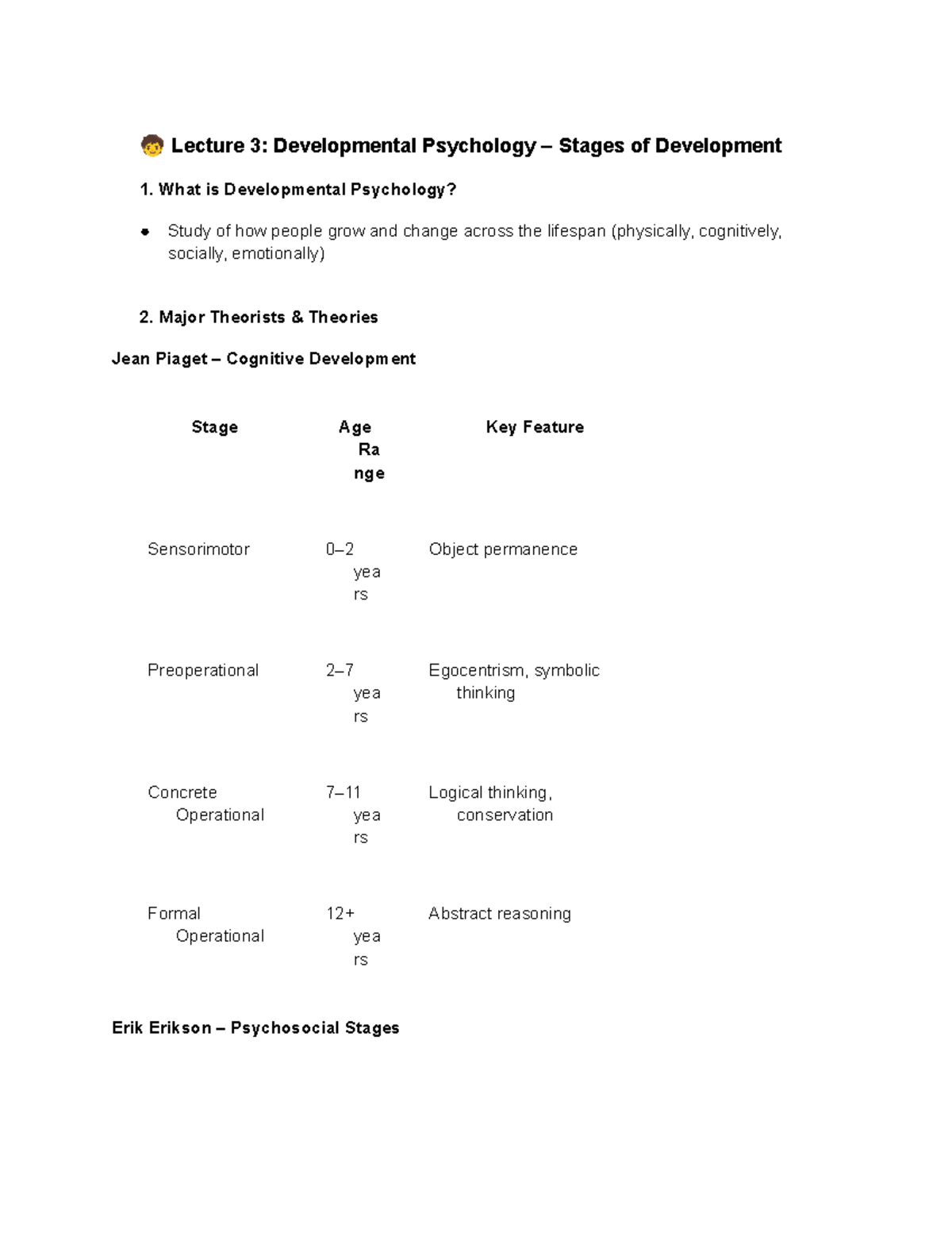 Lecture 3: Developmental Psychology - Key Stages & Theorists - Studocu