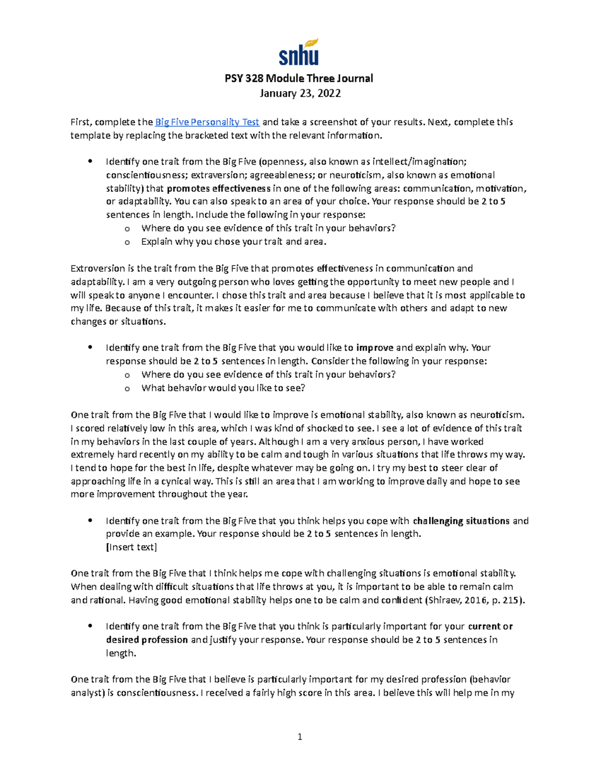 PSY 328 Mod 3 Journal - PSY 328 Module Three Journal January 23, 2022 ...