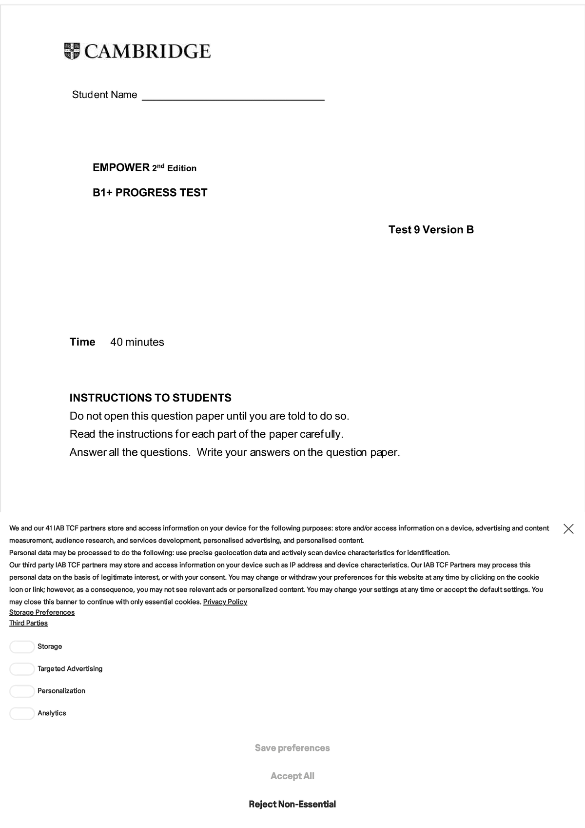 EMPOWER B1 Unit Progress Test 9 - 2nd Edition Version B - Studocu