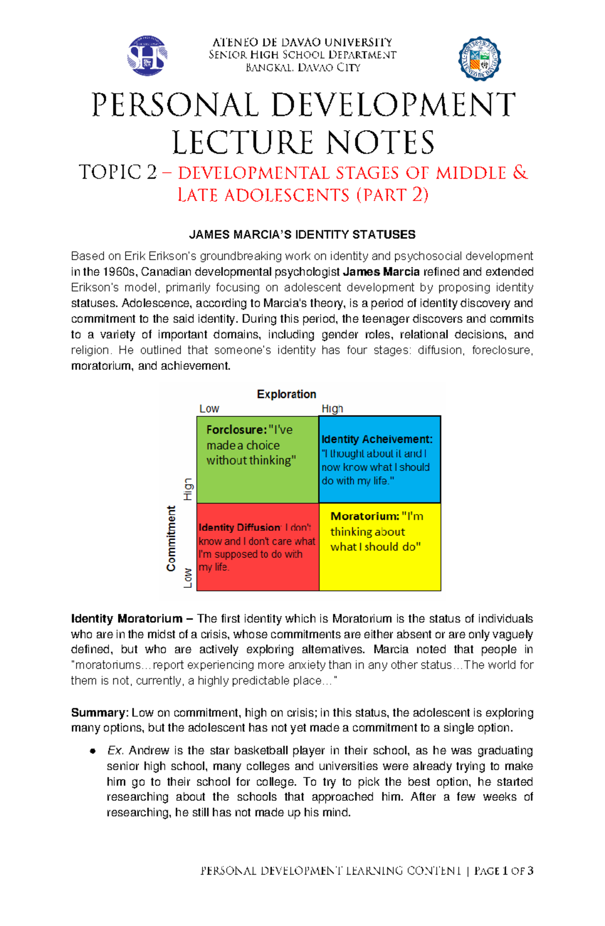 Per Dev Notes Topic 2 Developmental Stages-Part-2 - JAMES MARCIA’S ...