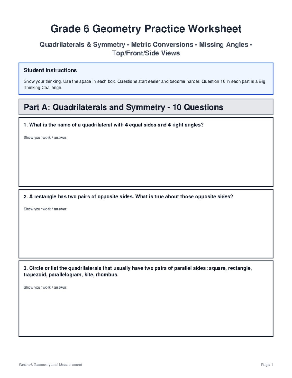 Grade 6 Geometry Final Exam Practice Worksheet: Quadrilaterals & More ...