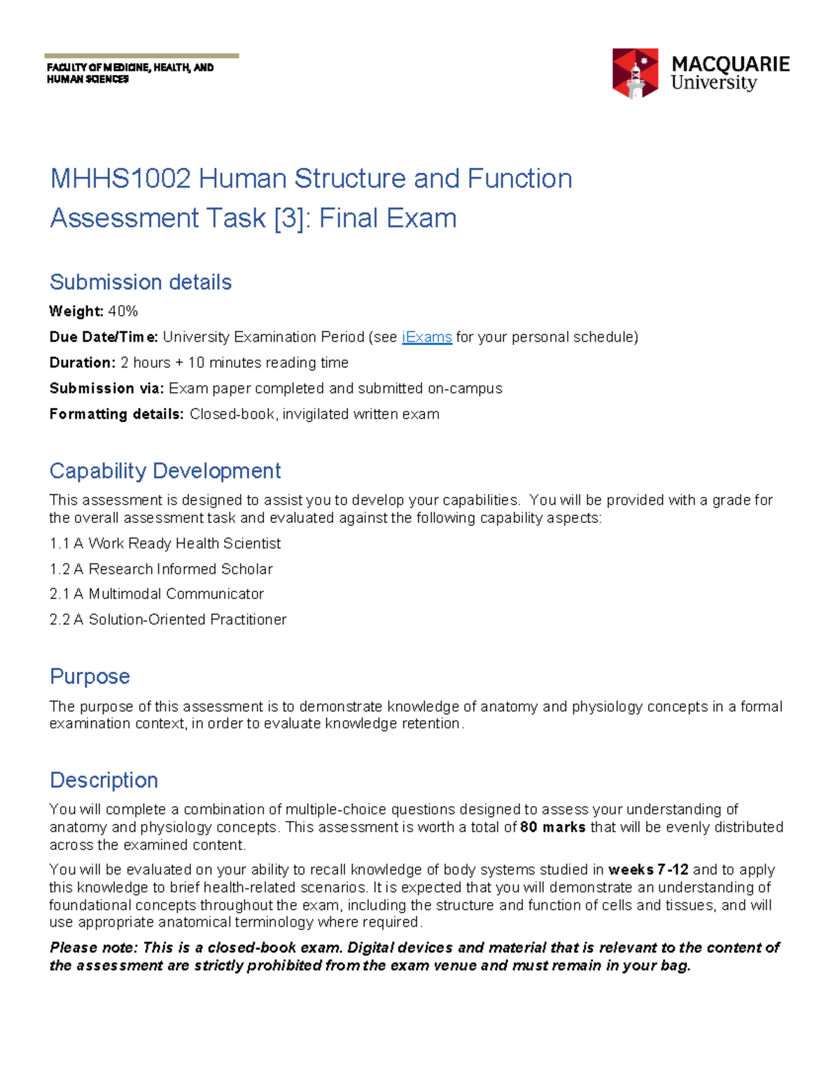 MHHS1002 Human Structure and Function Final Exam Instructions - Studocu