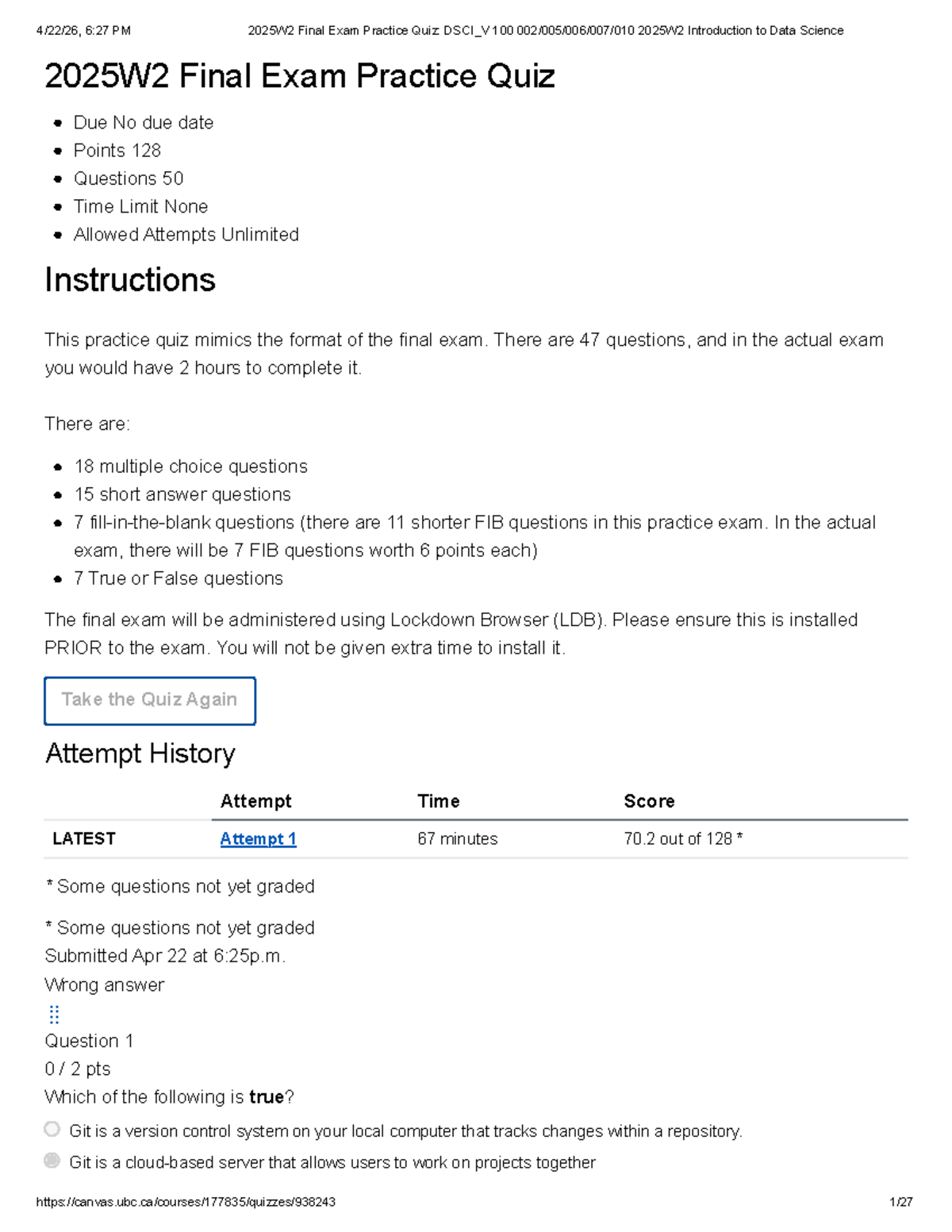 2025W2 Final Exam Practice Quiz: DSCI_V 100 Data Science Review - Studocu