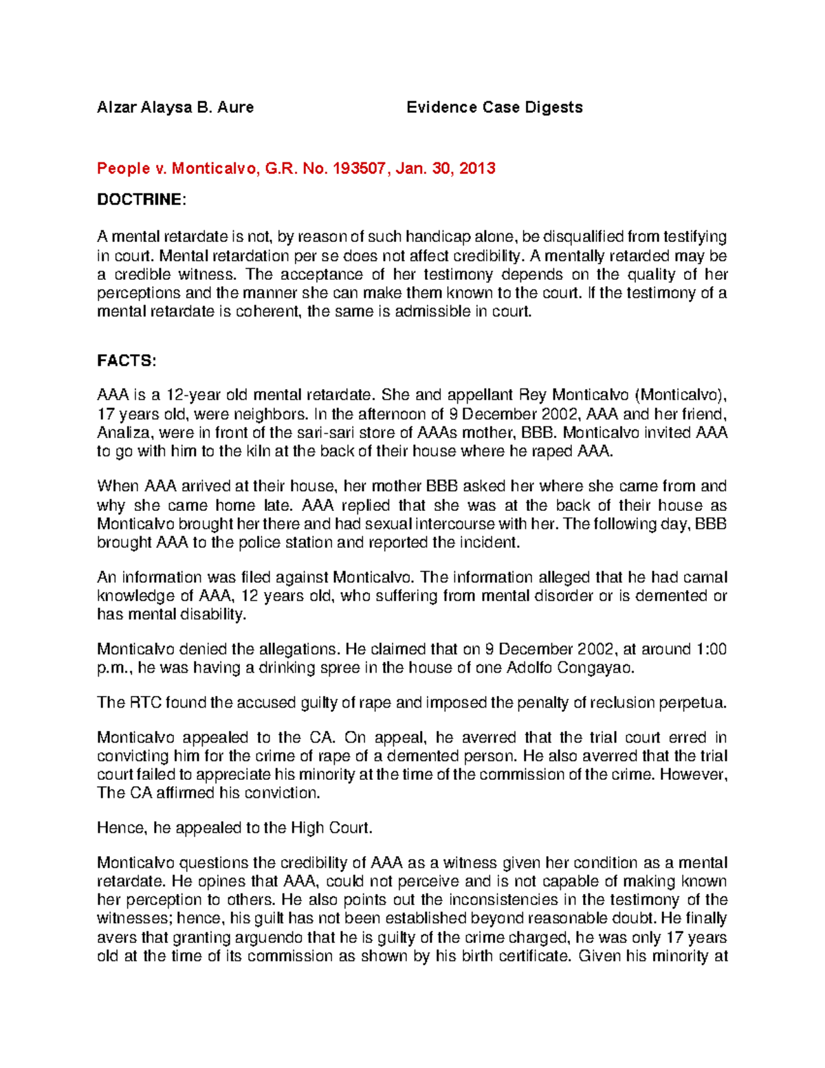 Evidence case digests (AAA): People v. Monticalvo and related rulings ...