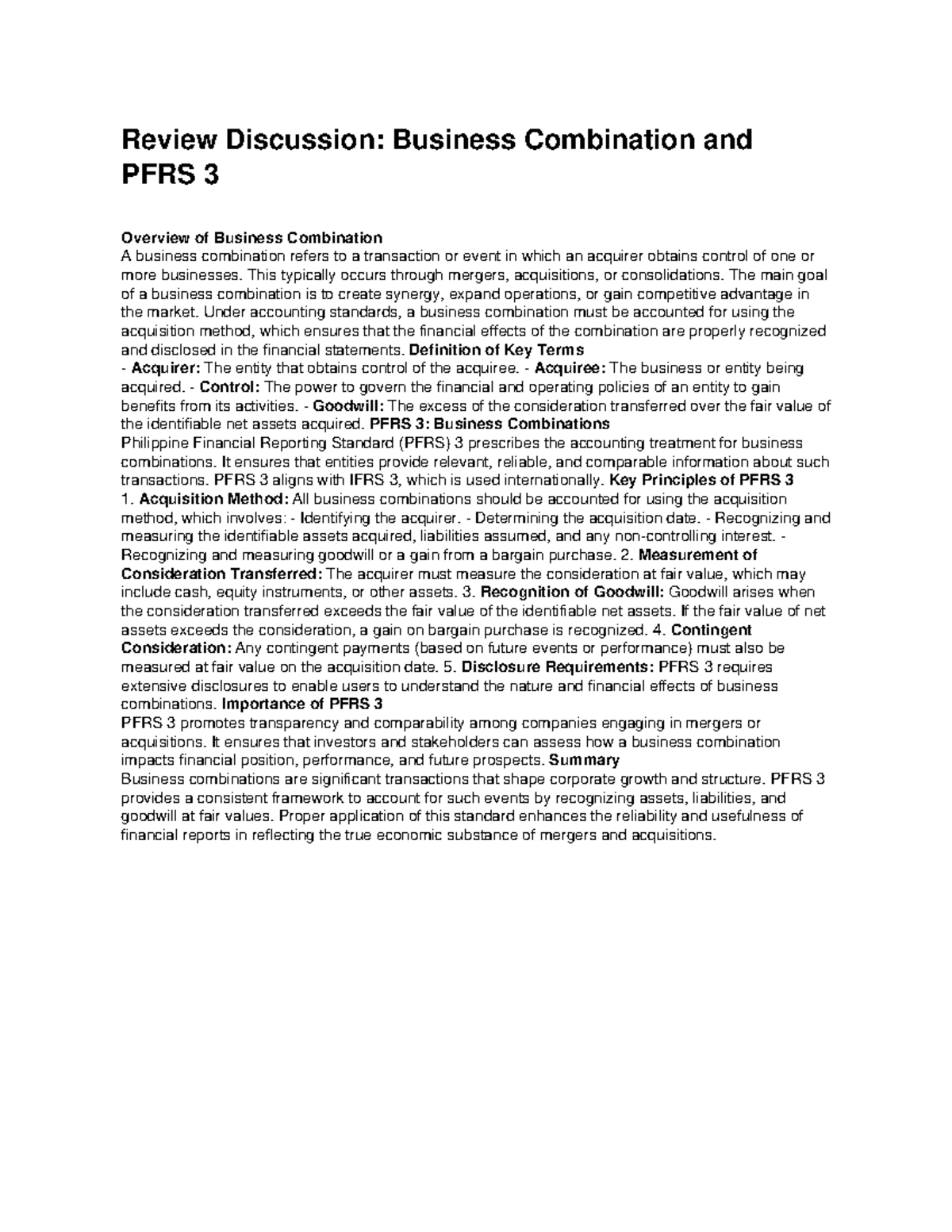 Business Combination & PFRS 3: Key Concepts Review - Studocu