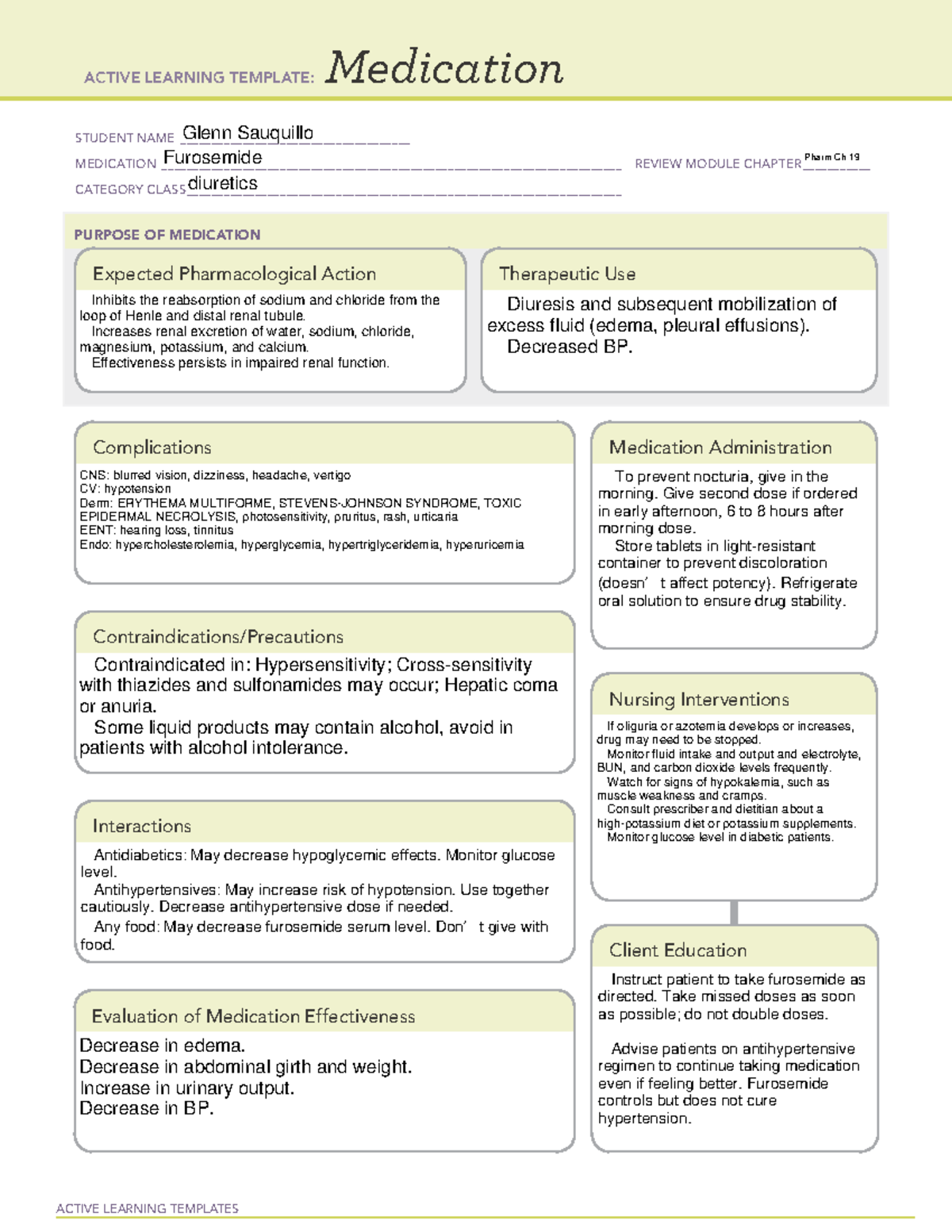 Medication Furosemide - ACTIVE LEARNING TEMPLATES Medication STUDENT ...