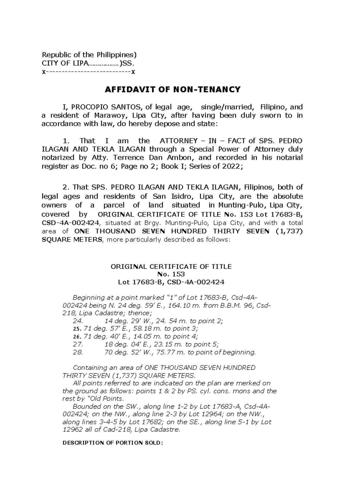 Affidavit of Non-Tenancy by Procopio Santos - Lipa City, 2022 - Studocu