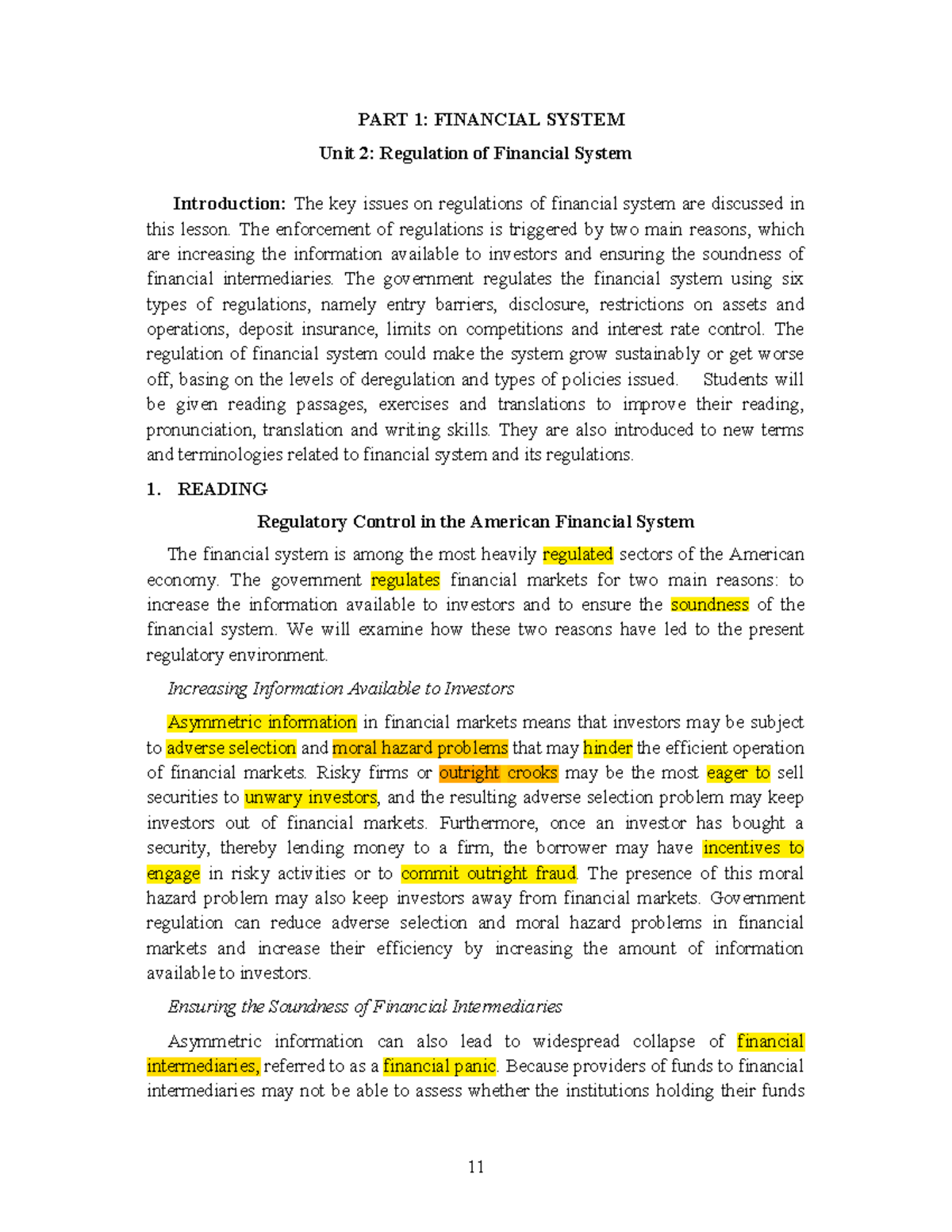 Part 1 - Unit 1 - PART 1: FINANCIAL SYSTEM Unit 2: Regulation of ...