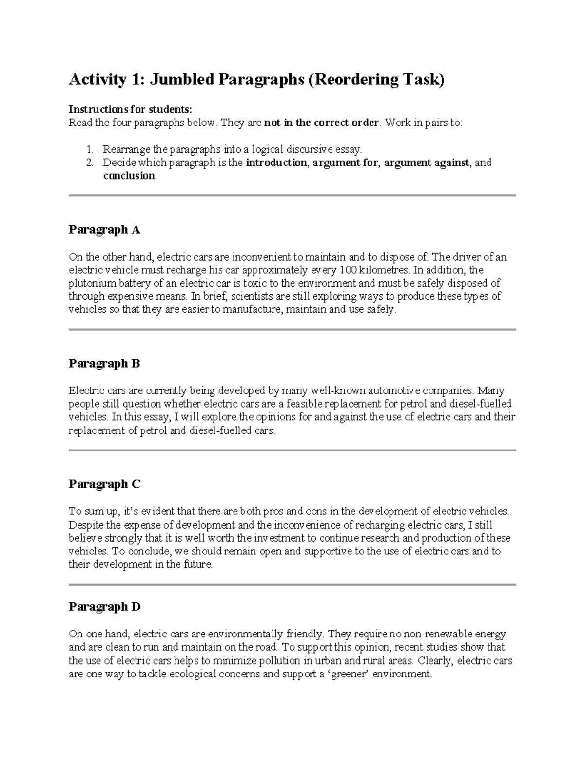 Lead In 2: Discursive Writing Activity 1 - Jumbled Paragraphs - Studocu